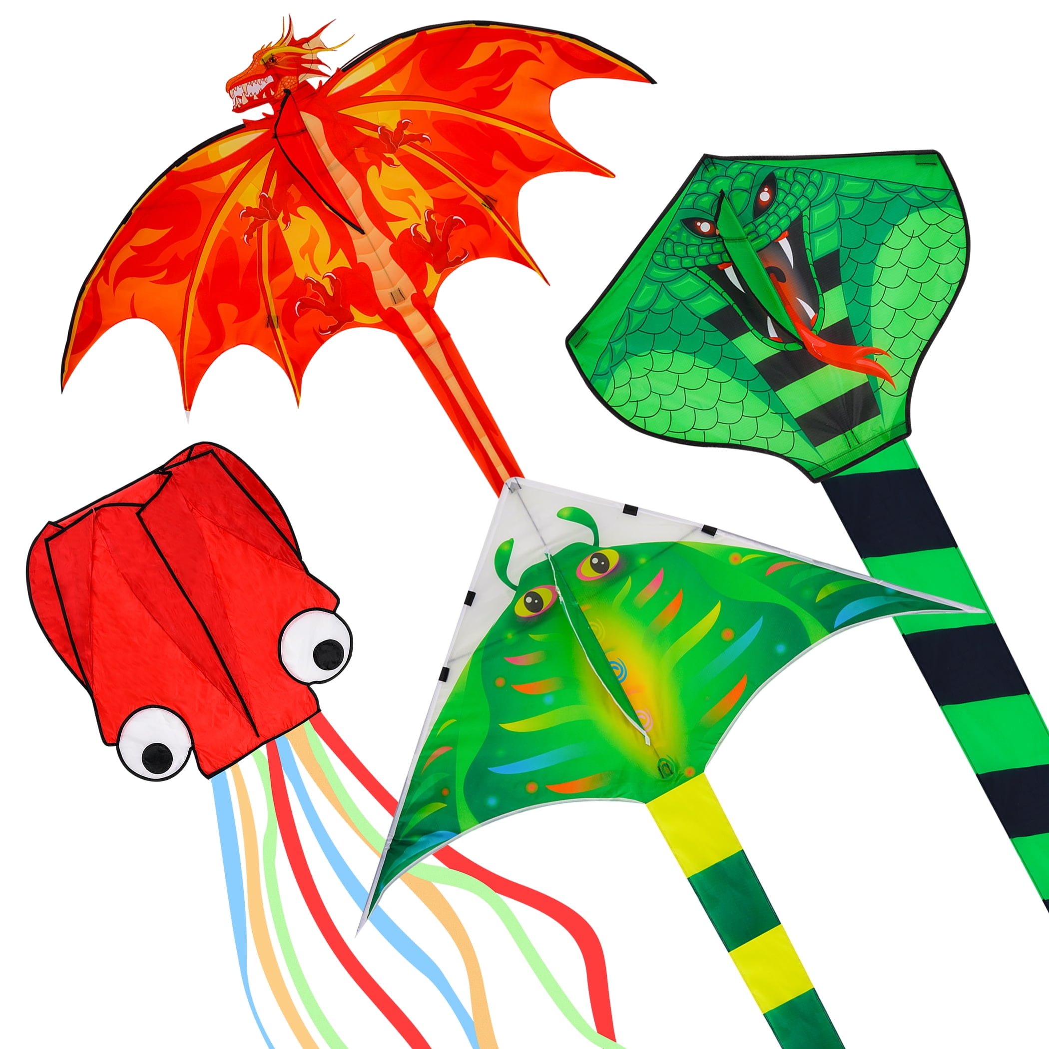 Crogift 4 Pack Kites Set, Fire Dragon, Green Snake, Devil Fish, Red ...