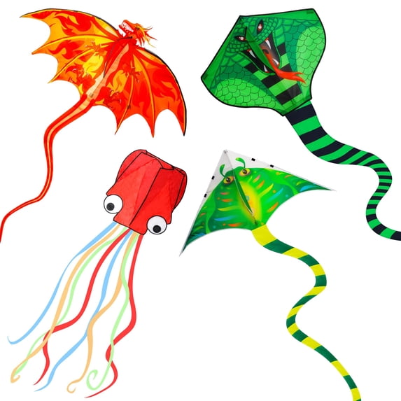 Crogift 4 Pack Kites Set, Fire Dragon, Green Snake, Devil Fish, Red ...