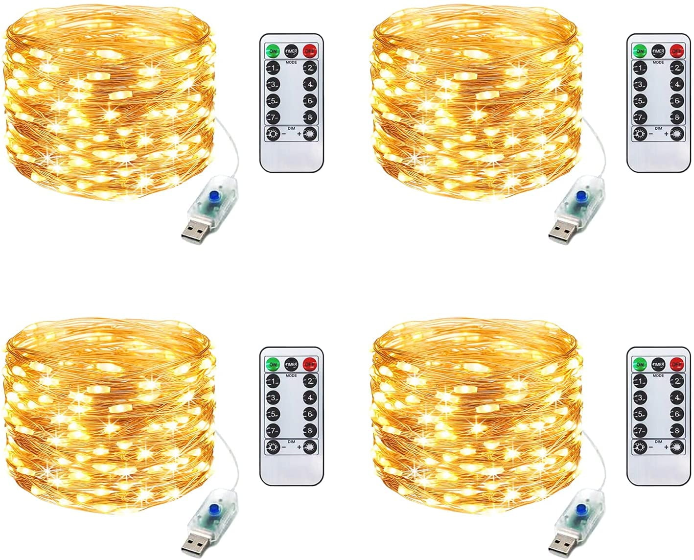 4 Pack LED Christmas String Lights with USB Copper Wire and Remote ...