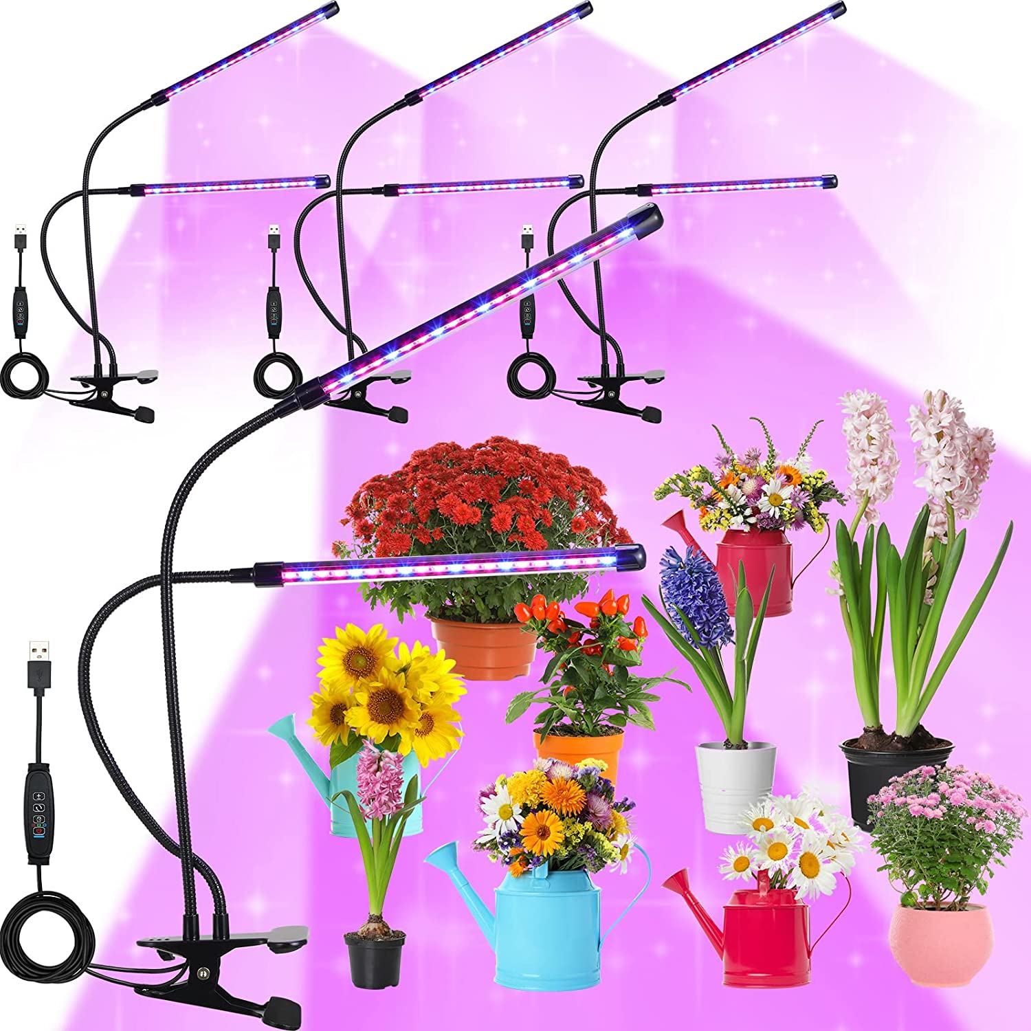 4 Pack LED Grow Lights for Indoor Plants, Full Spectrum Dual Head Plant ...