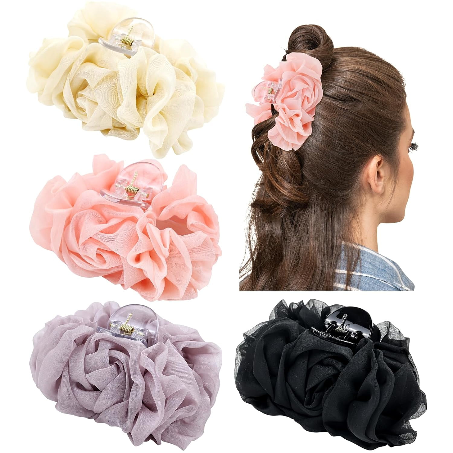 4 Pack Large Chiffon Pleated Rose Flower Plastic Hair Claws Jaw ...