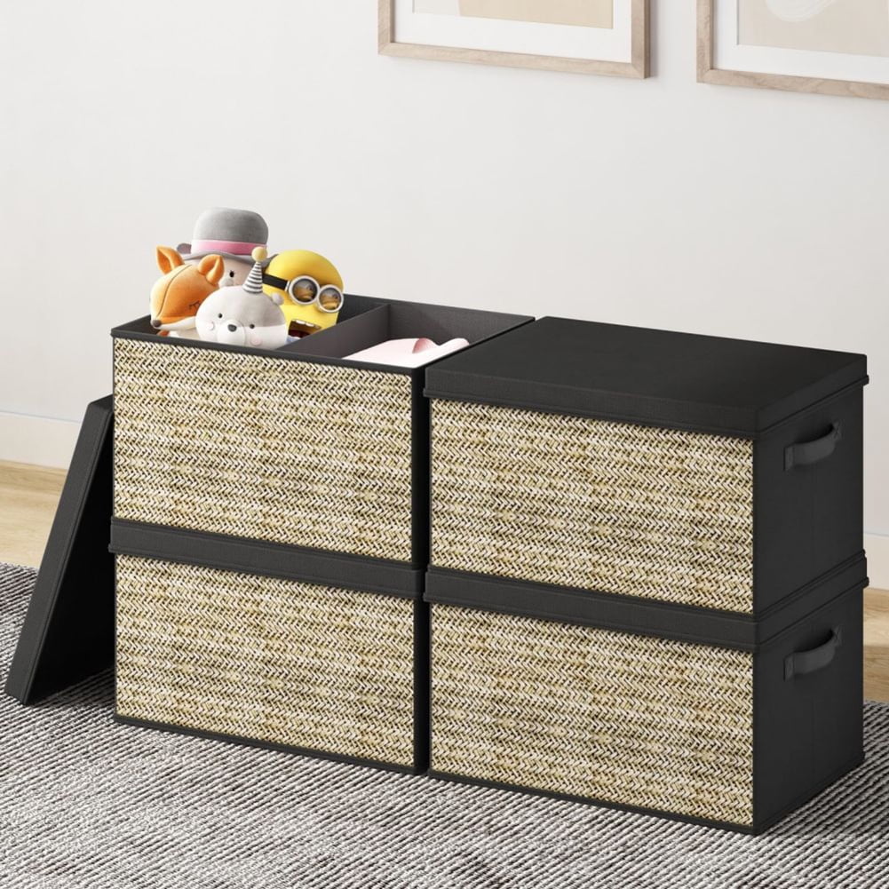 4 Pack Large Collapsible Storage Bins With Lids Linen Fabric Foldable