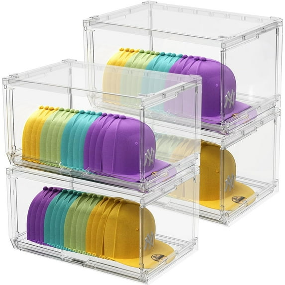 4 Pack Large Hat Organizer Box, Stackable Clear Baseball Caps Holder ...