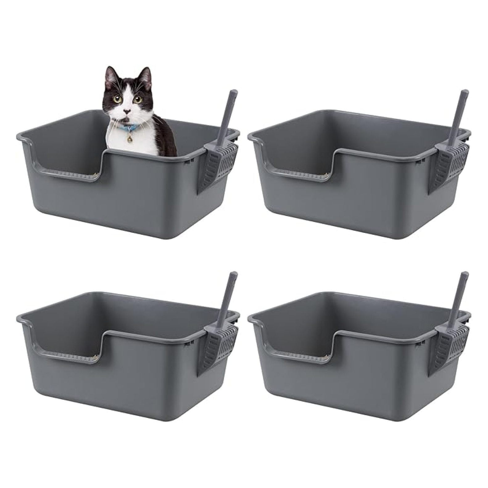 4-Pack Large High Side Plastic Cat Litter Box, Open Litter Pan with ...
