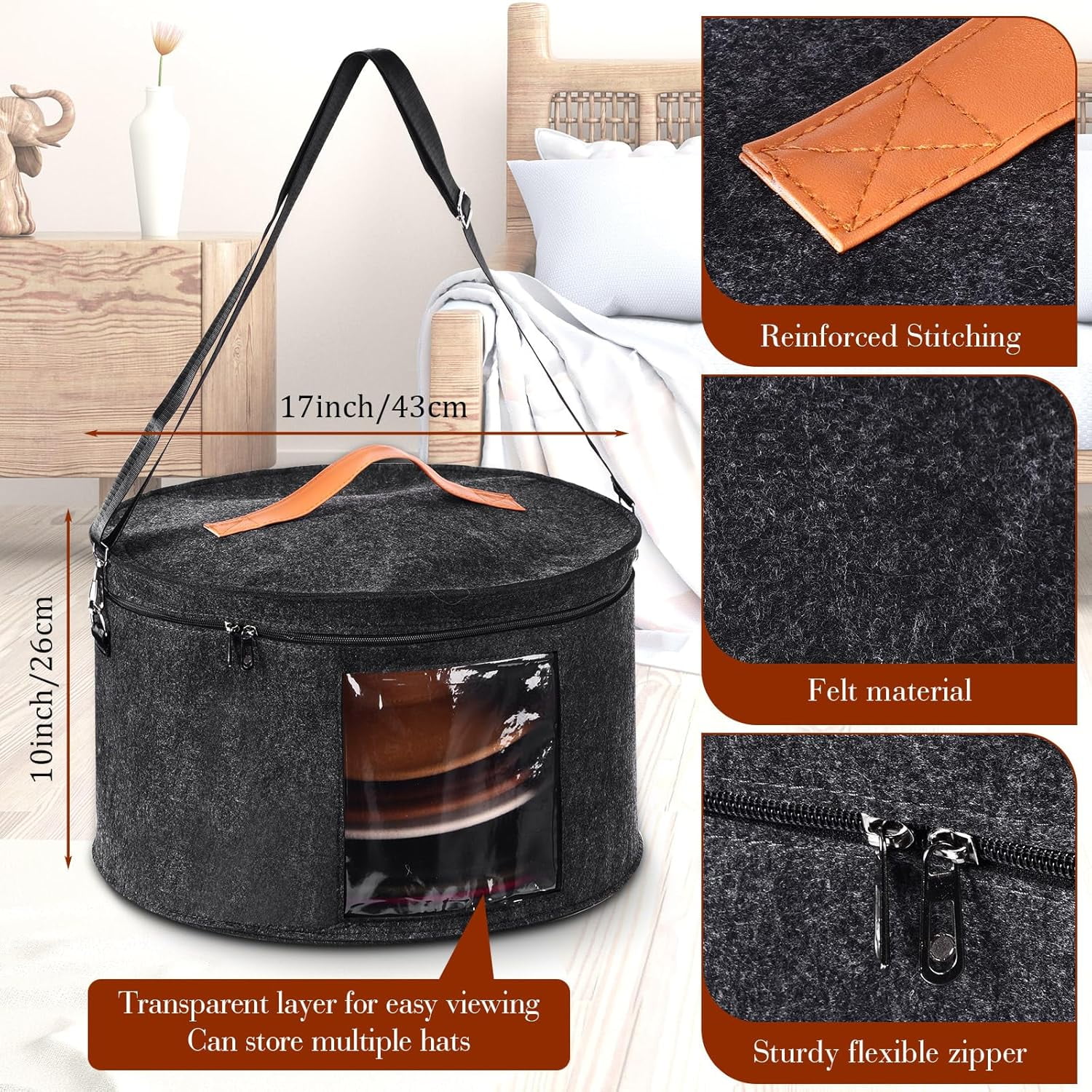 4 Pack Large Round Foldable Felt Hat Box for Women Storage 17 X 10 Inch ...