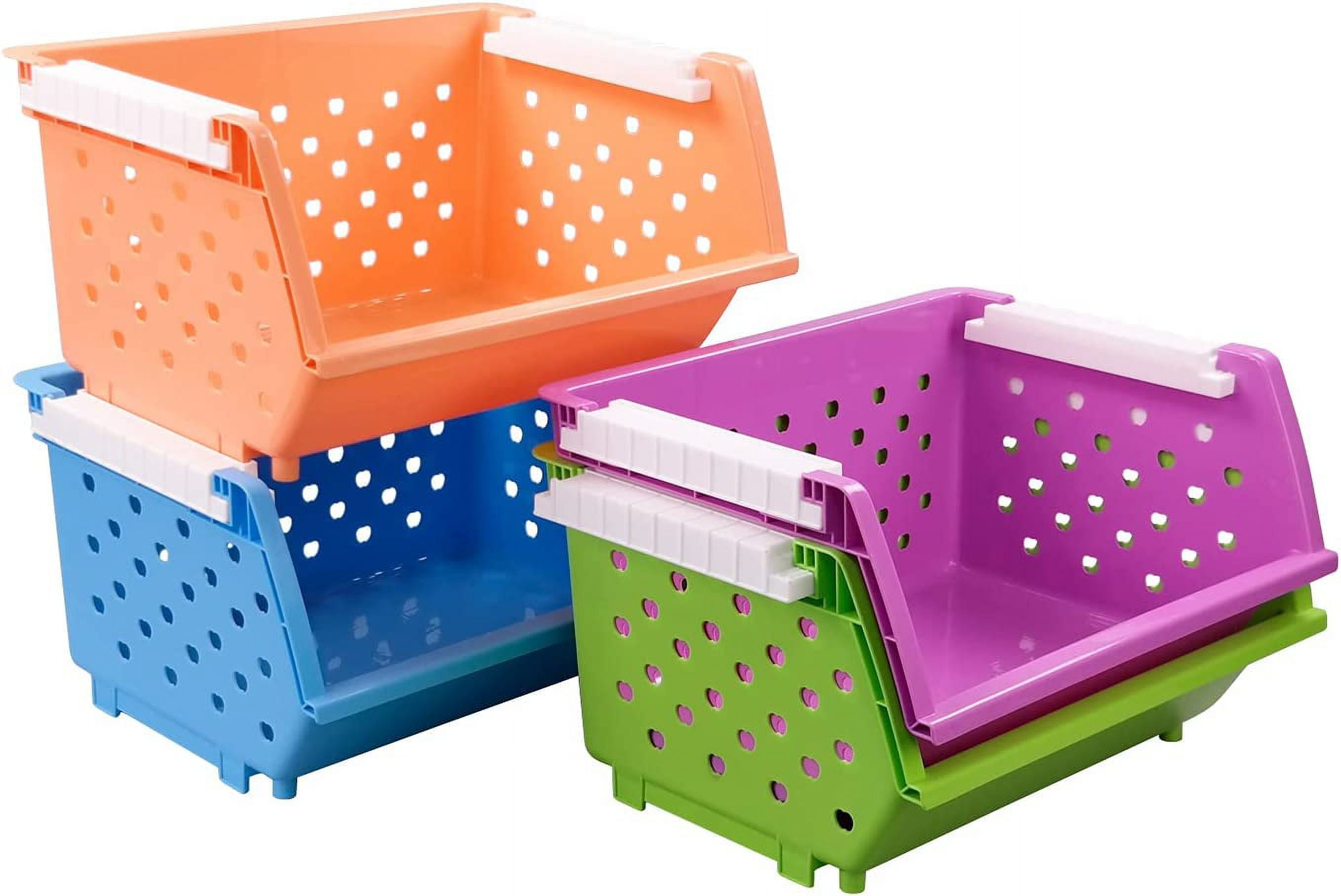 4-Pack Large Stackable Storage Bins, Colored Plastic Stacking Basket ...