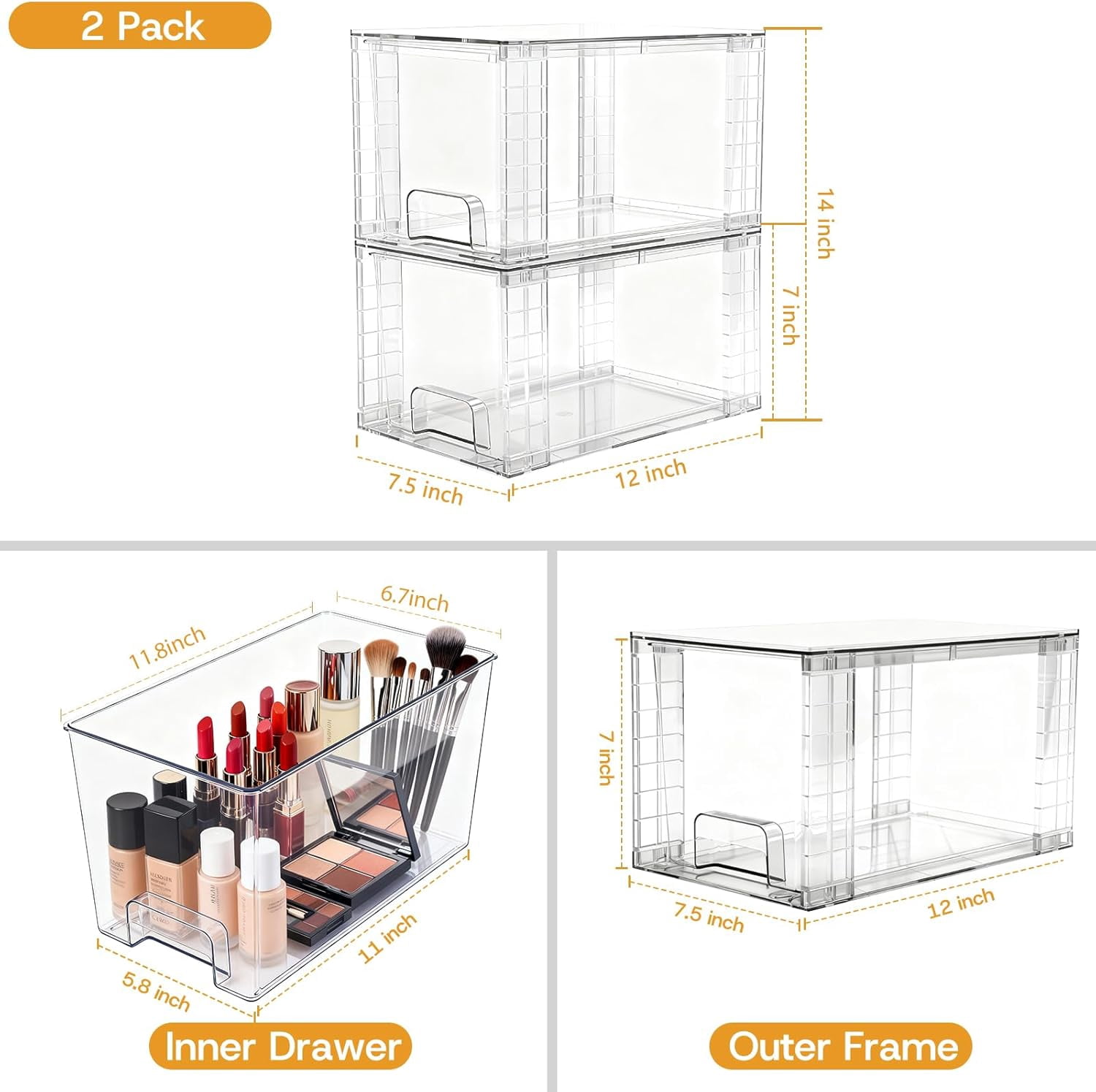 4 Pack Large Stackable Storage Drawers, Acrylic Bathroom Undersink ...