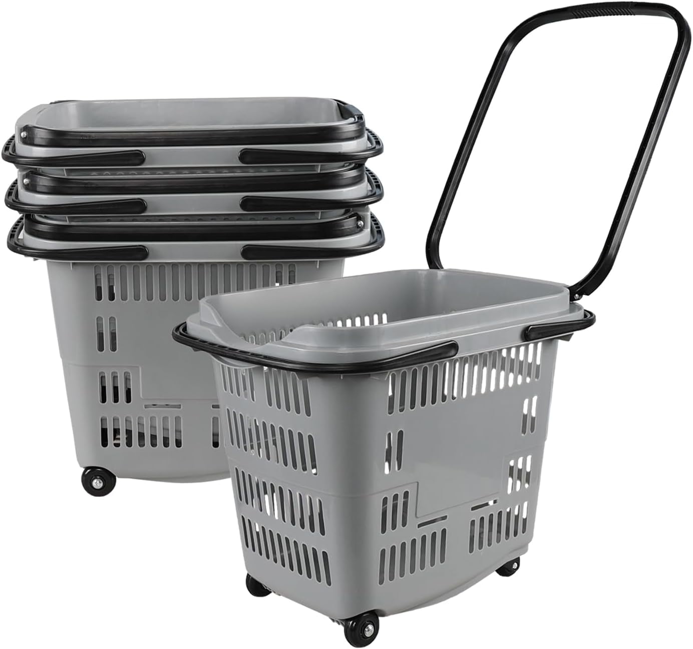 4-Pack Large Wheeled Shopping Basket with Carry Handle, 50 L Plastic ...