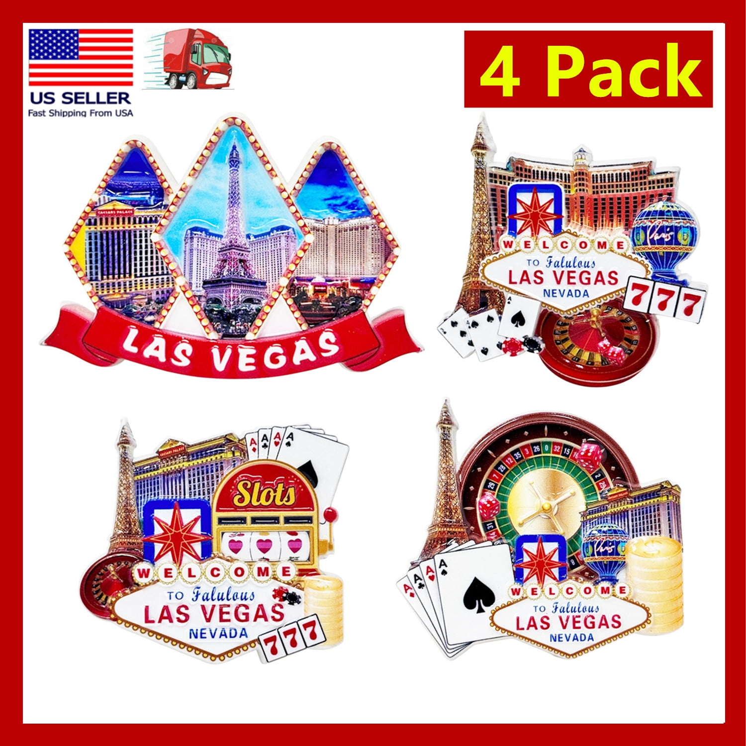 4 Pack Las Vegas Fridge Magnets – 3D Souvenir Refrigerator Magnet Set ...