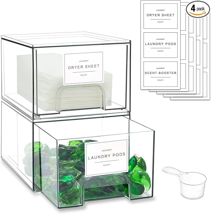 4 Pack Laundry Room Organization Storage Drawers with Labels, Clear ...