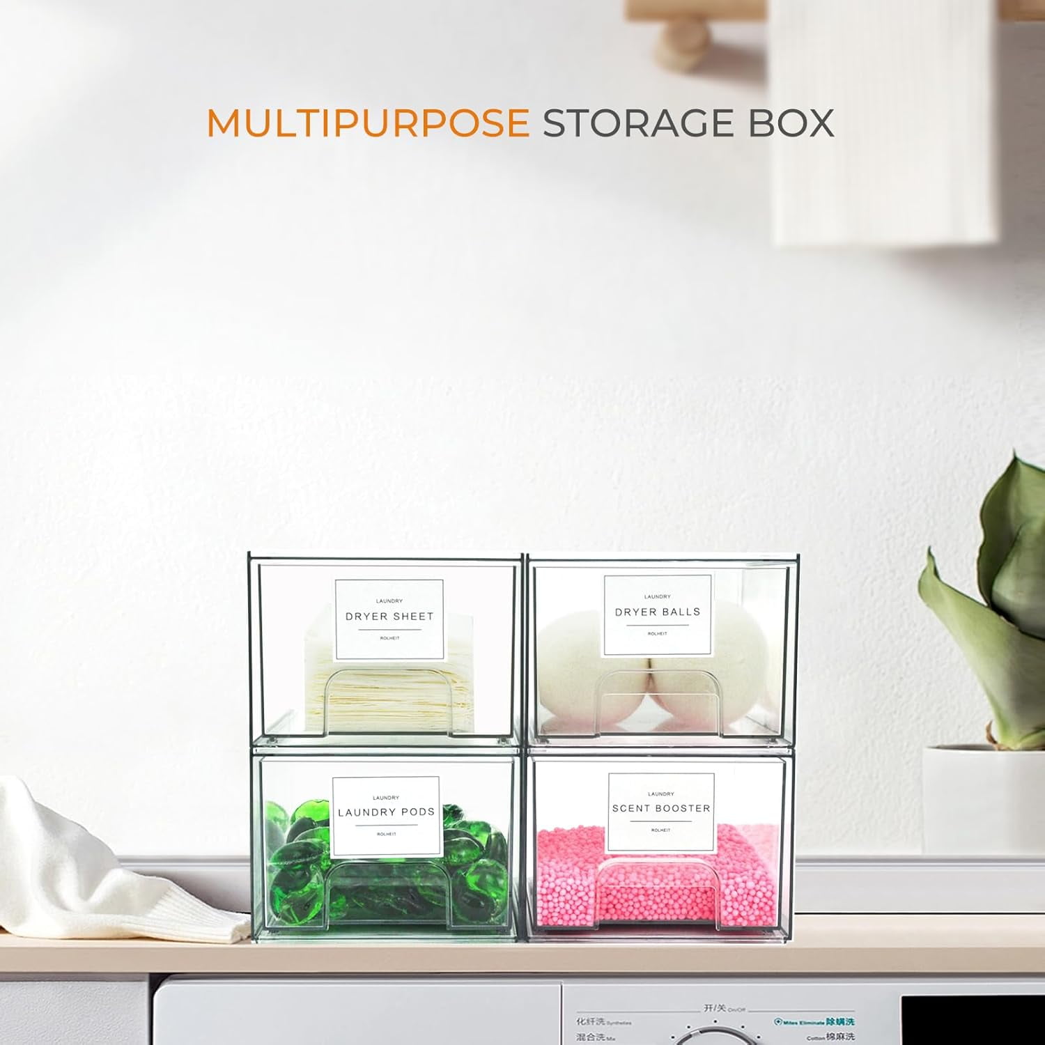 4 Pack Laundry Room Organization Storage Drawers with Labels, Clear ...