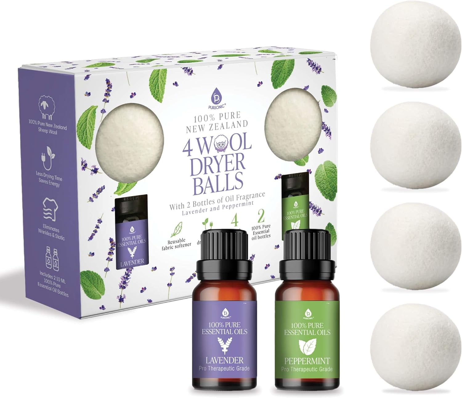 4-Pack Laundry Wool Dryer Balls with Lavender & Peppermint Essential ...