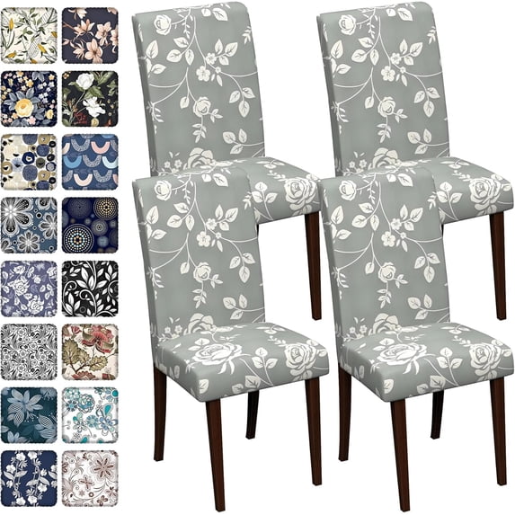 4 Pack Light Gray Rose Vine Stretch Dining Chair Slipcovers, Washable ...