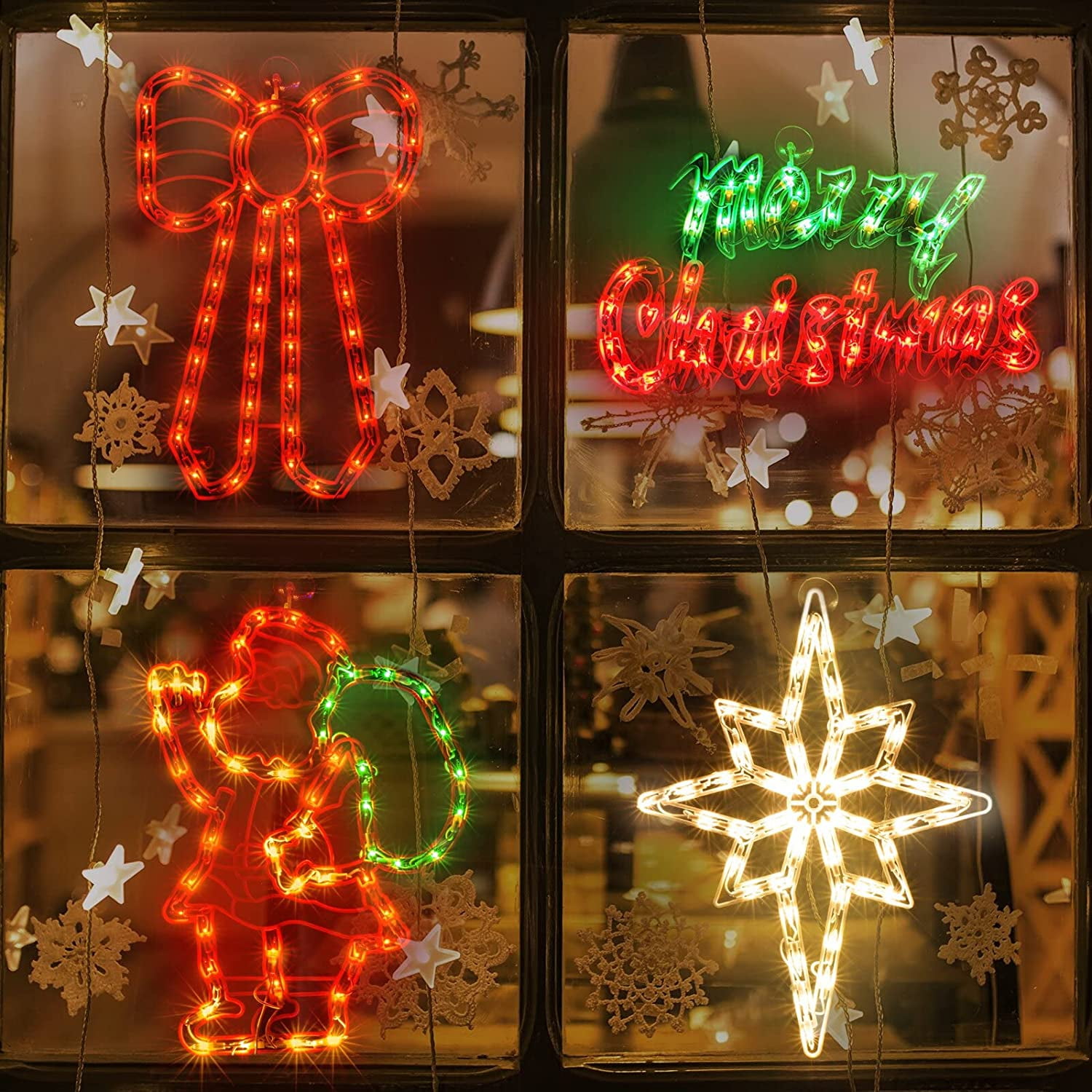 4 Pack Lighted Merry Christmas, Bow, Santa, Bethlehem Star Christmas ...