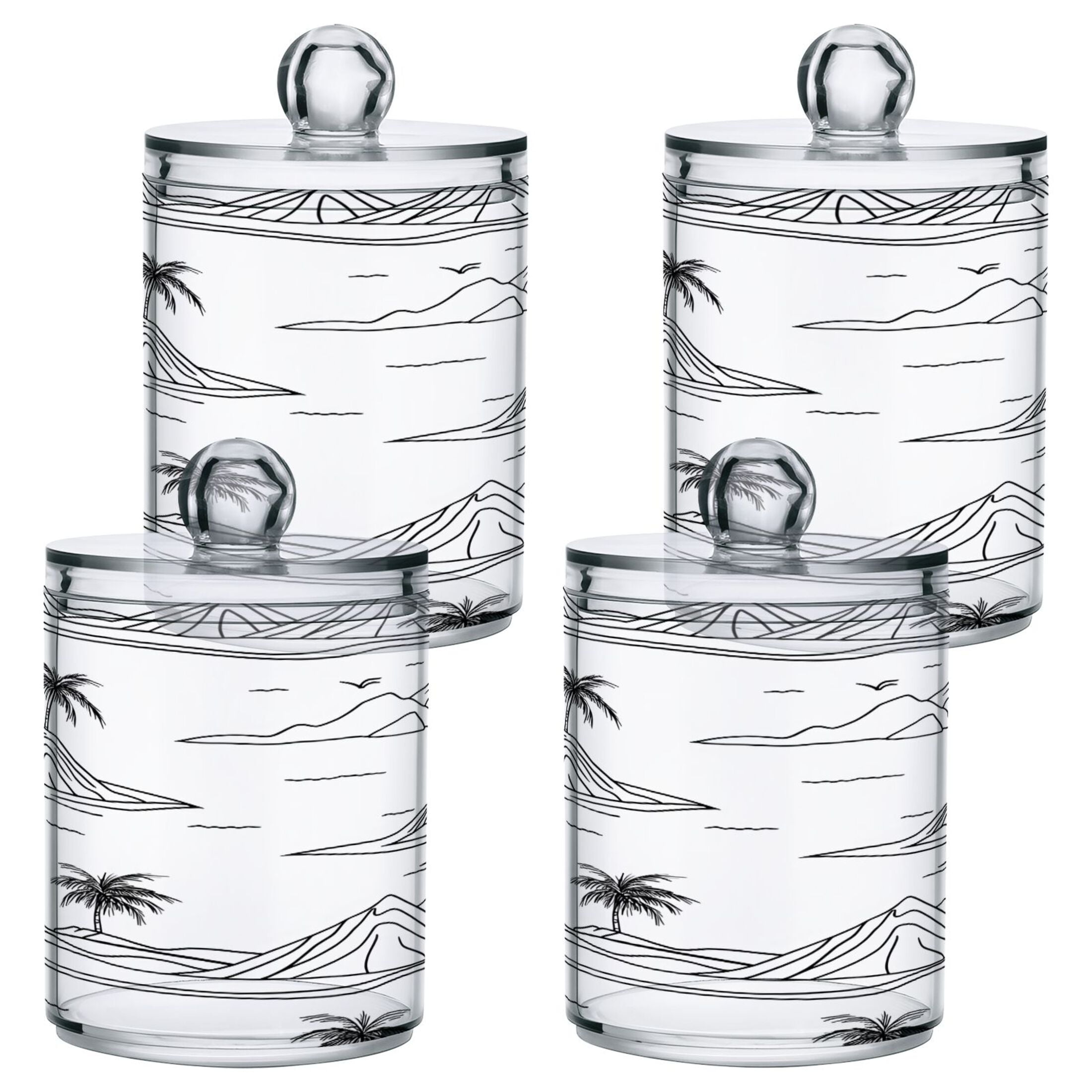 4 Pack Line Palm Tree Mountains Qtip Holder Dispenser Clear Plastic ...