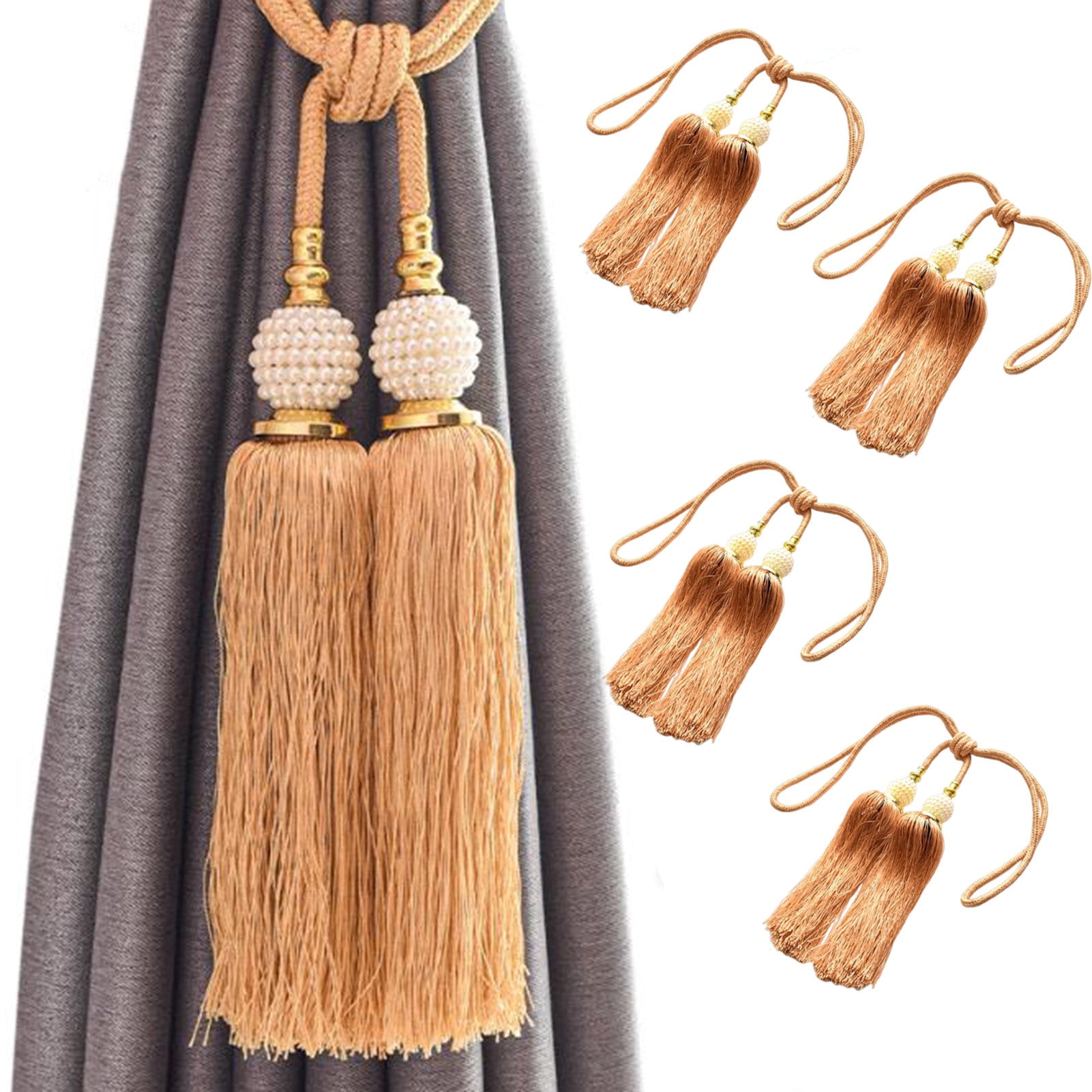 4 Pack Long Curtain Tiebacks with Tassels, Braided Rope Knots, European ...