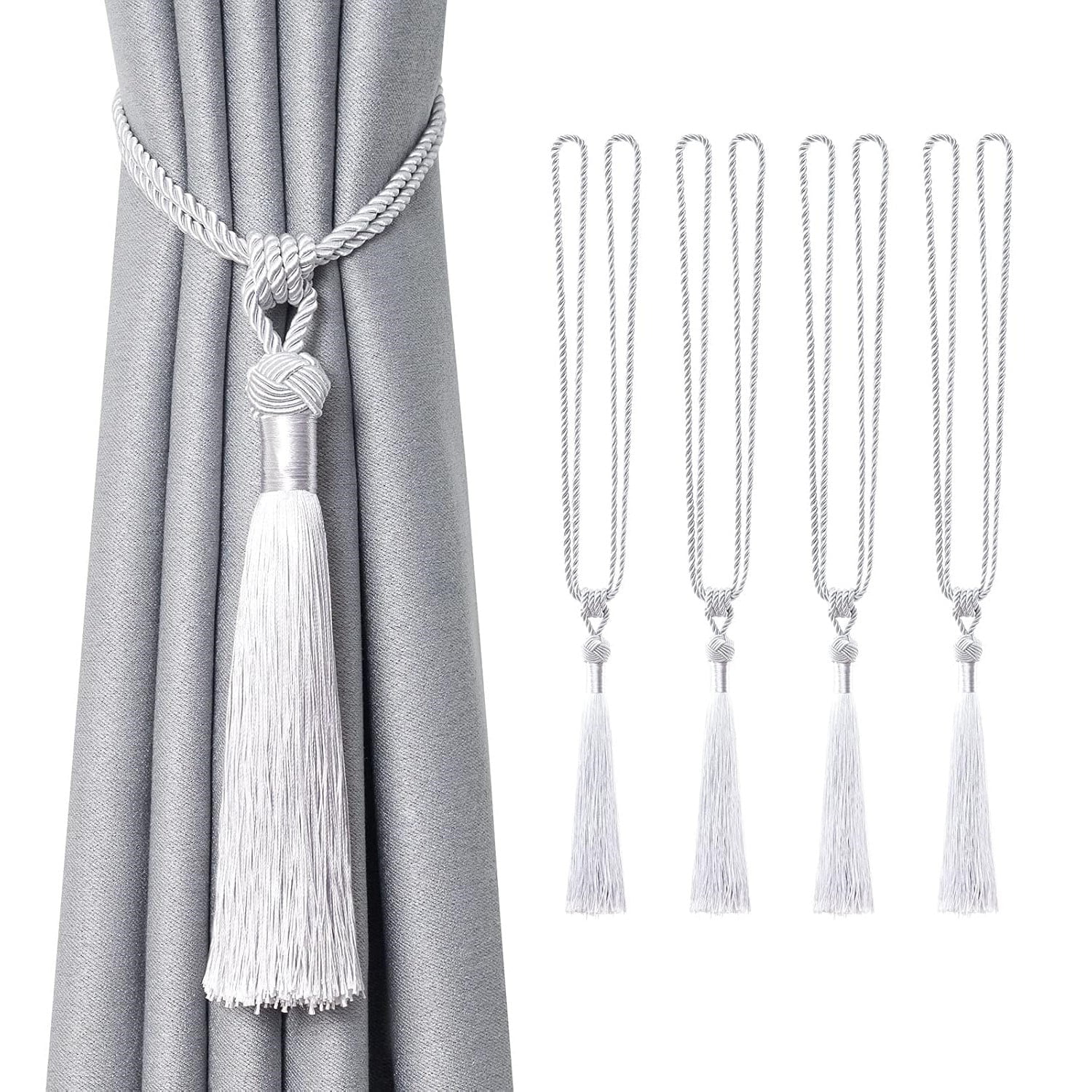 4 Pack Long Tassel Curtain Tiebacks, Handmade Braided Rope Knot Drape ...
