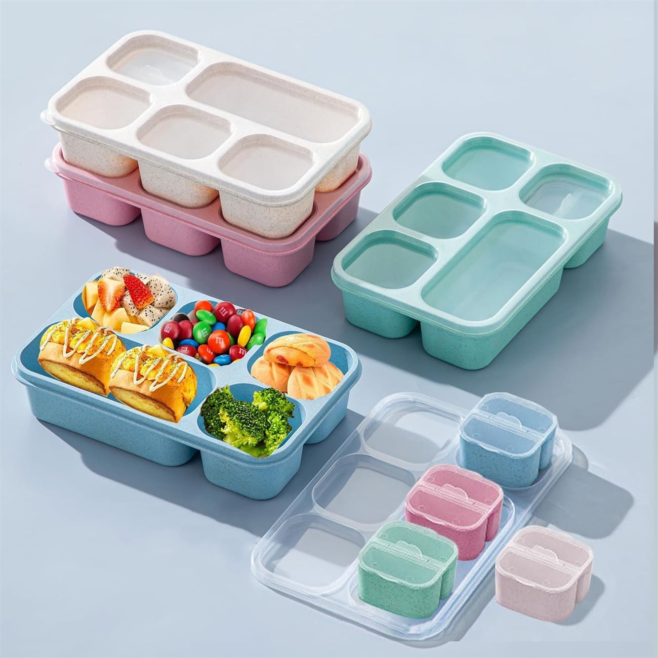 4 Pack Lunch Bento Box,Happon Plastic 5 Compartment Lunch Boxs, Meal ...