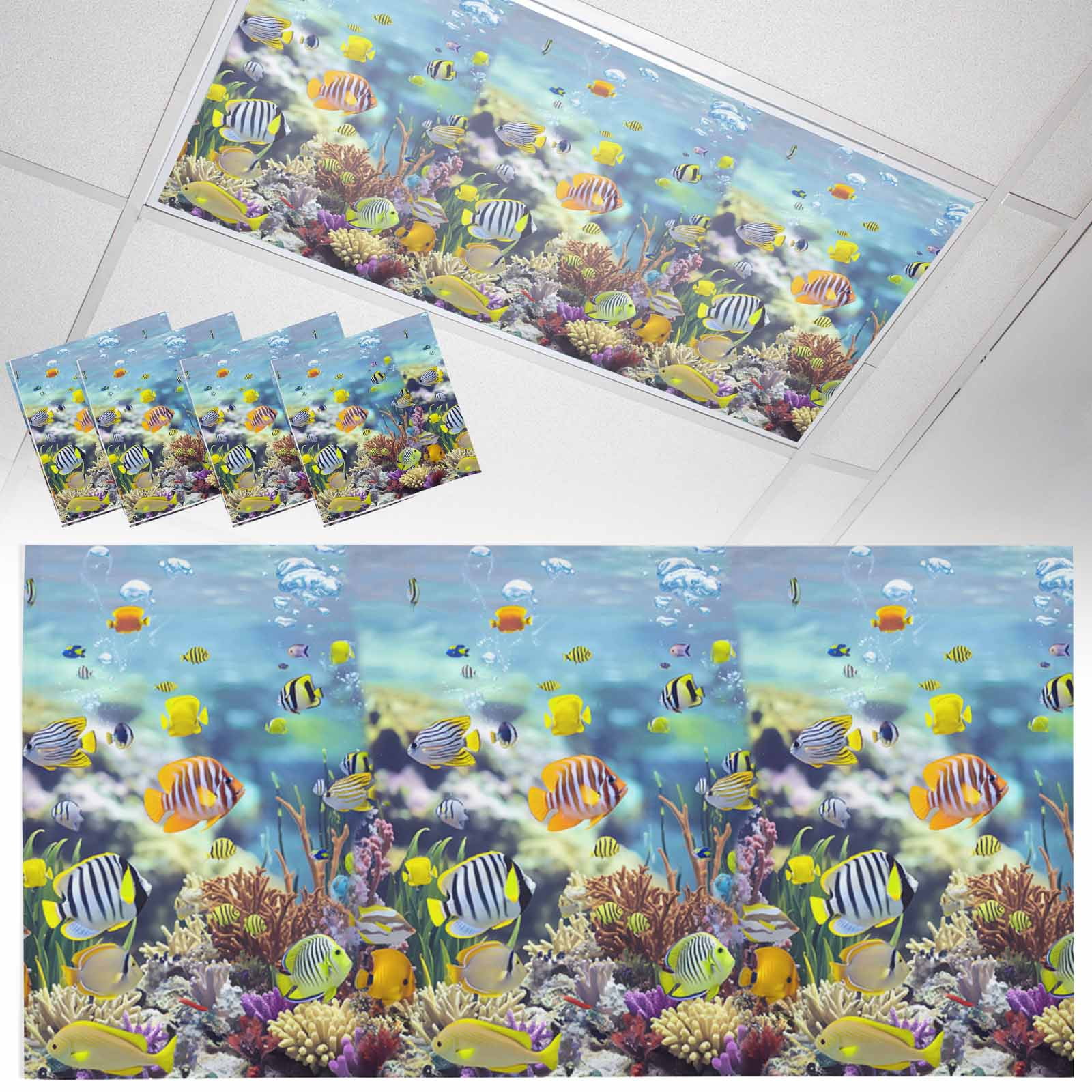 4 Pack Magnetic Fluorescent Light Covers, 2x4 Ft,Summer Marina Life Ocean Tropical Fish Coral ...