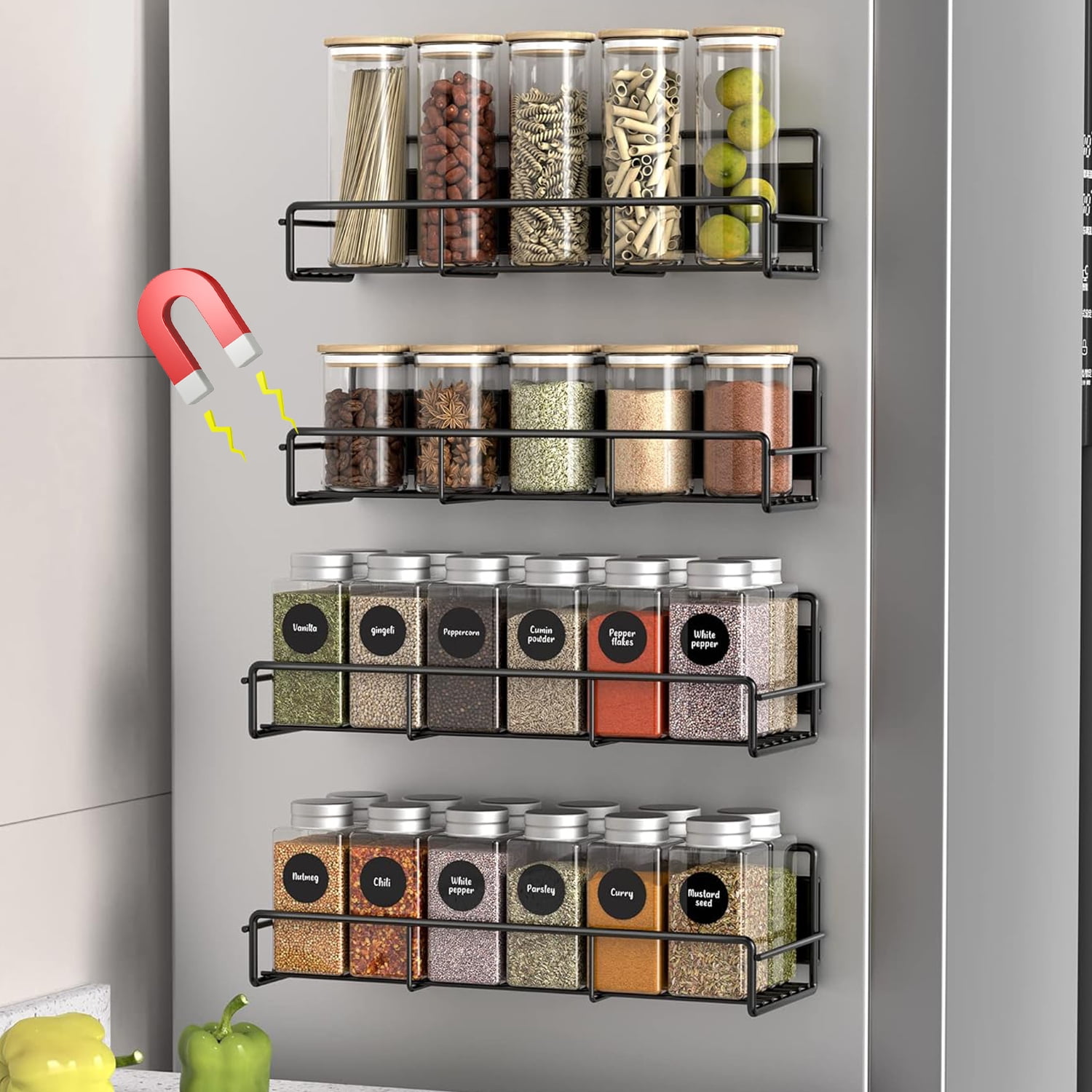 4 Pack Magnetic Shelves Storage, Spice Rack Organizer for Refrigerator ...