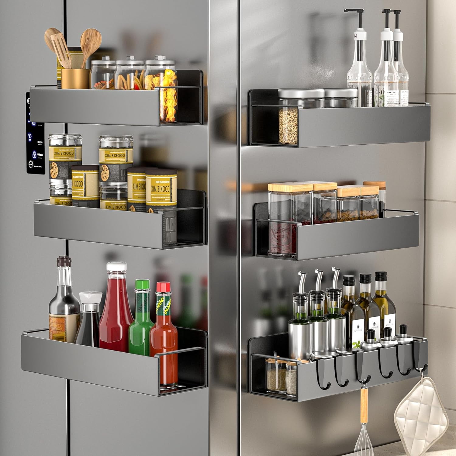 4 Pack Magnetic Spice Rack for Refrigerator, Black Magnetic Shelf for ...