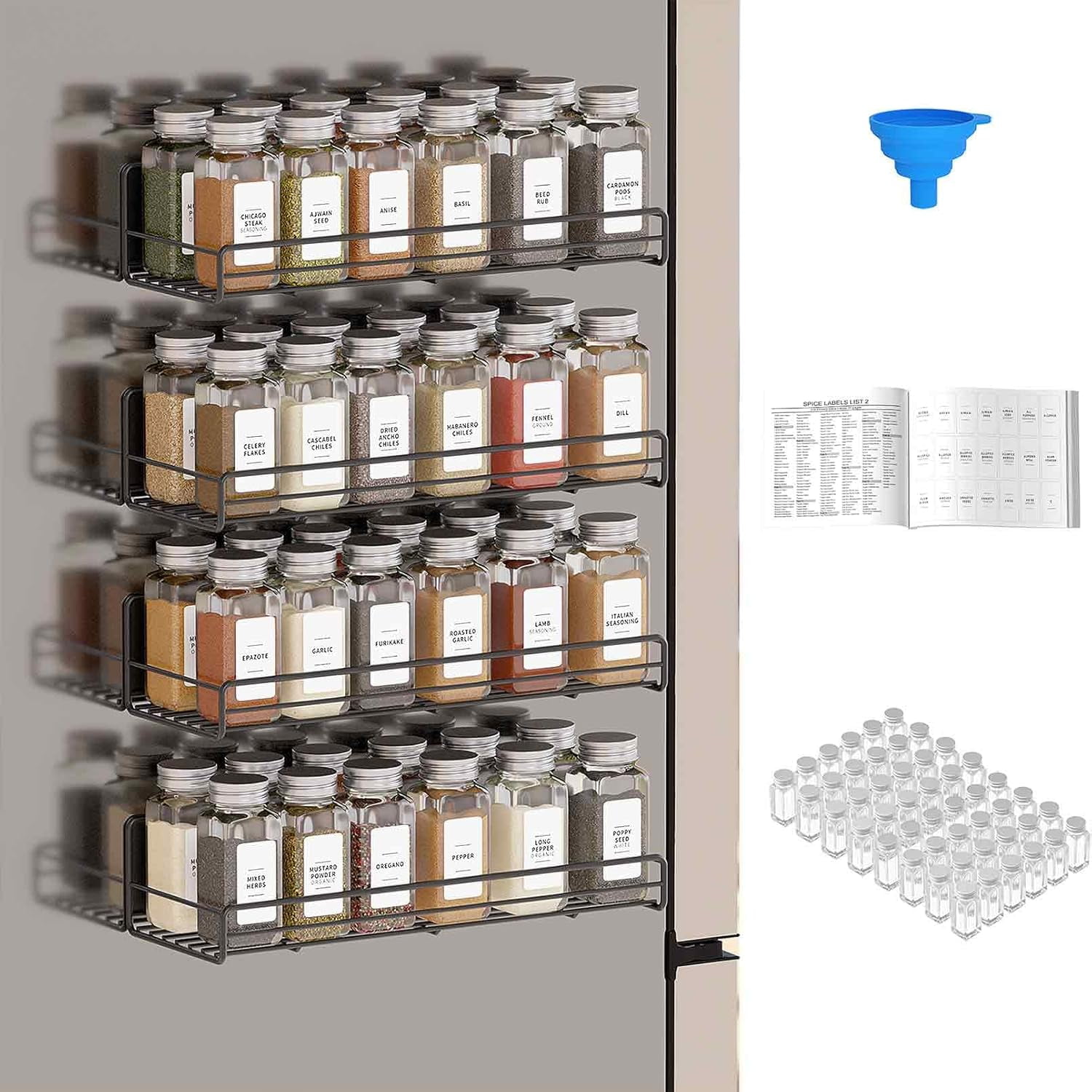 4 Pack Magnetic Spice Rack with 48 Spice Jars, 400 Spice Labels and ...