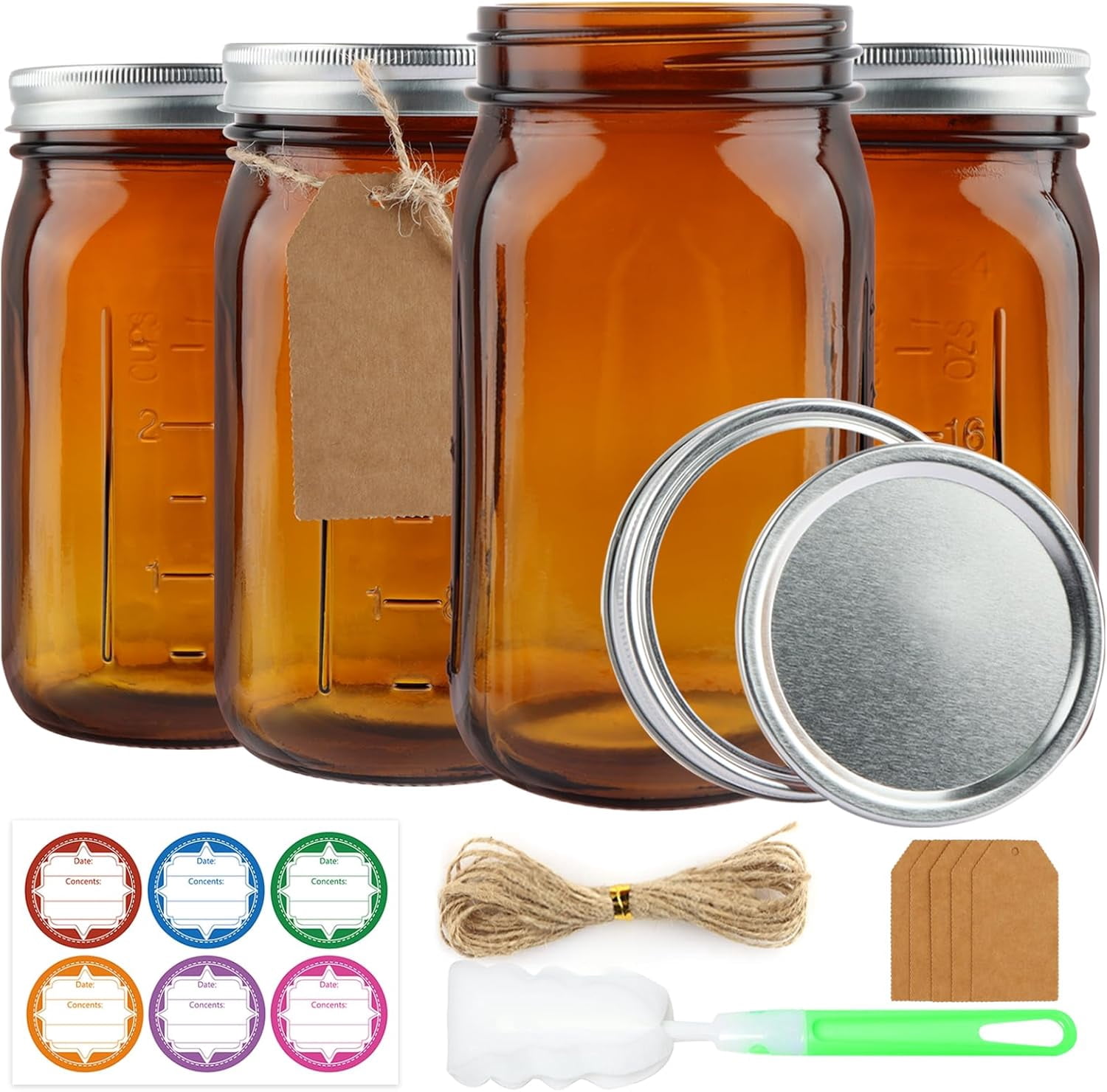 4 Pack Mason Jars 32 oz, Amber Wide Mouth Canning Jars with Airtight ...