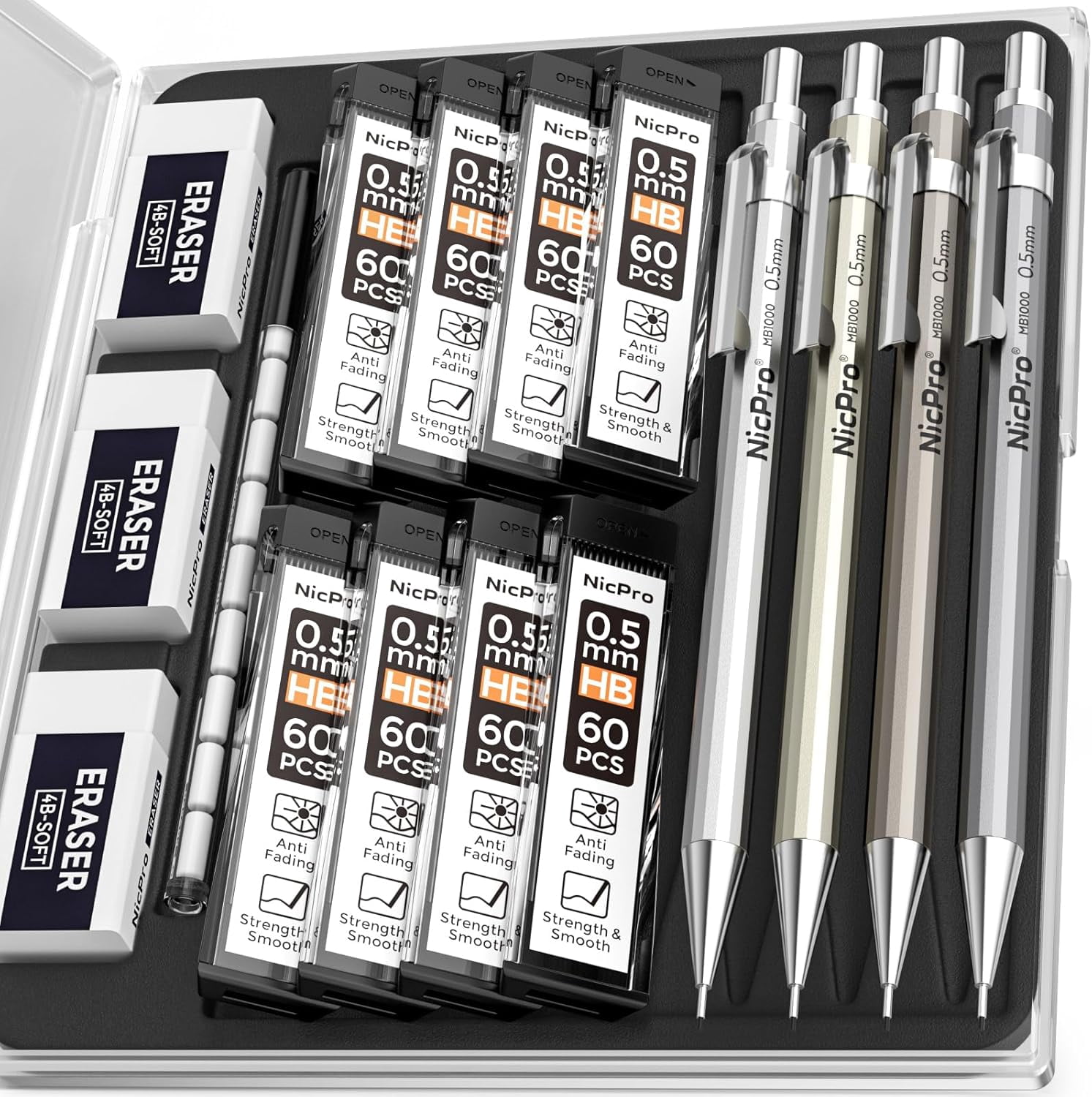 4 Pack Mechanical Pencil 0.5 mm with Case, MB1000 Metal Mechanical ...