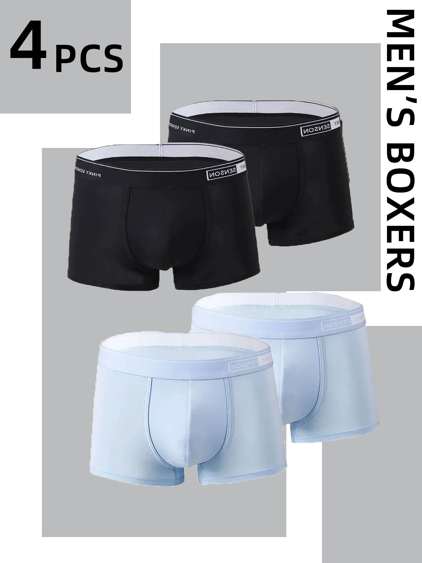 4-Pack Men's "SENSON" Boxers | Color-Block Waistband + Black & Light ...
