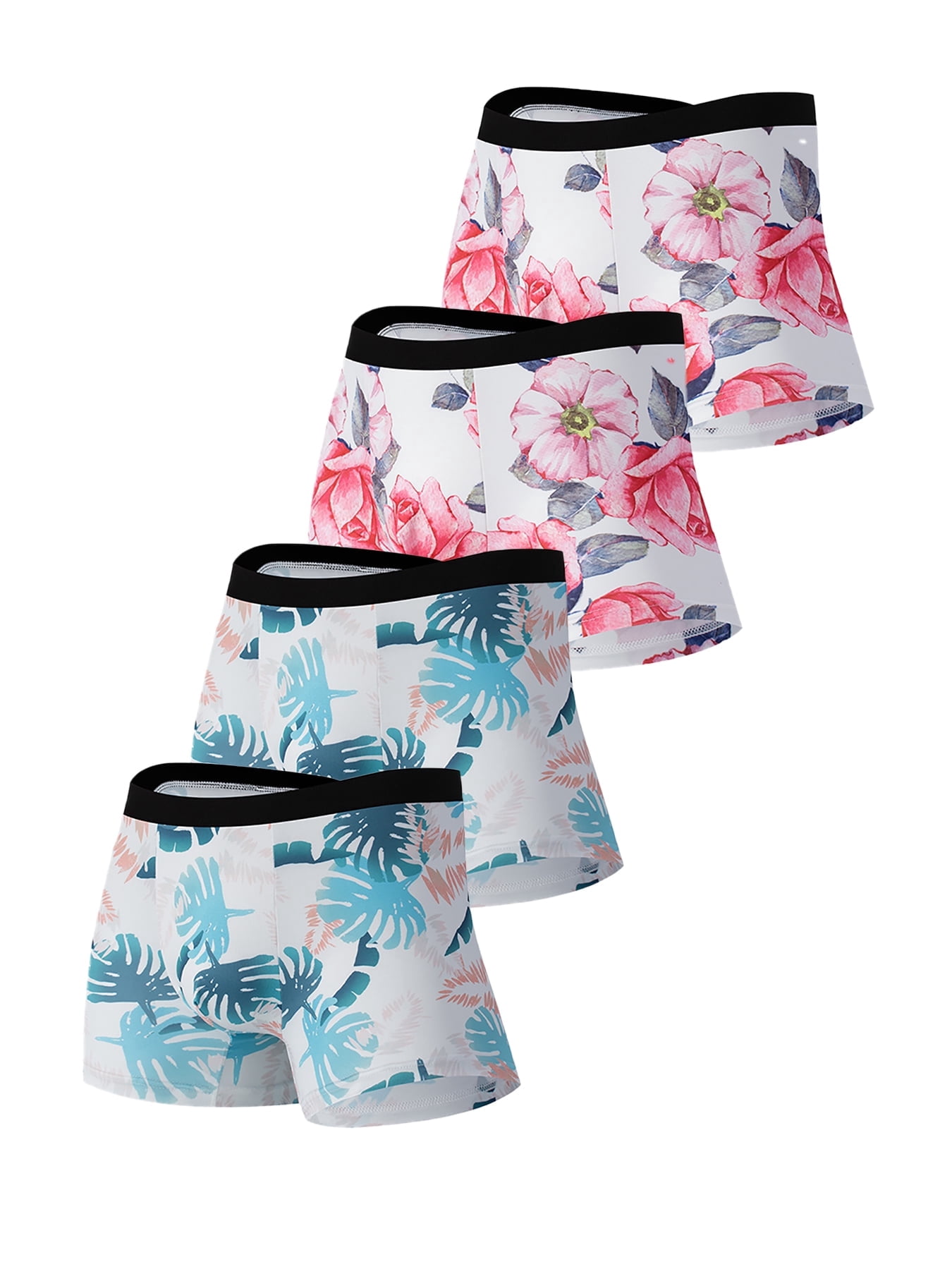 4-Pack Men's Tropical Floral Print Boxers | Color-Block Waistband ...