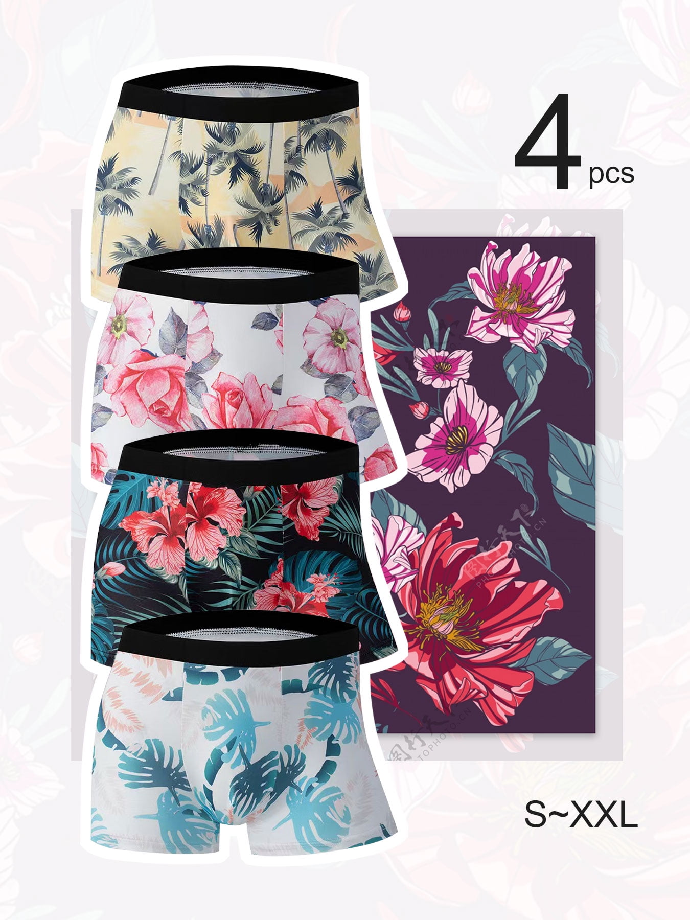 4-Pack Men's Tropical Print Boxers | Palm Tree & Floral Designs for ...