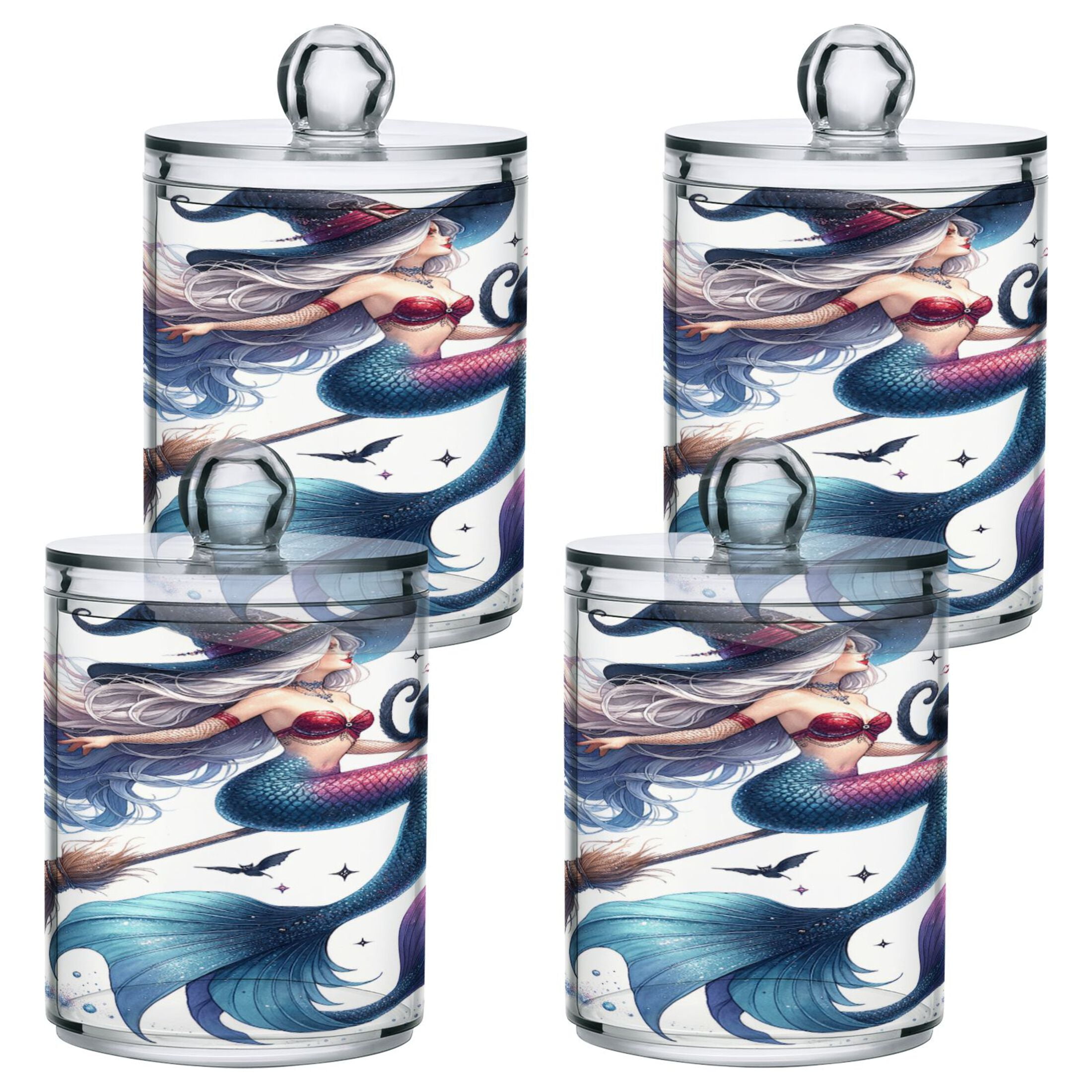 4 Pack Mermaid Witch Flying on Broom Qtip Holder Dispenser Clear ...