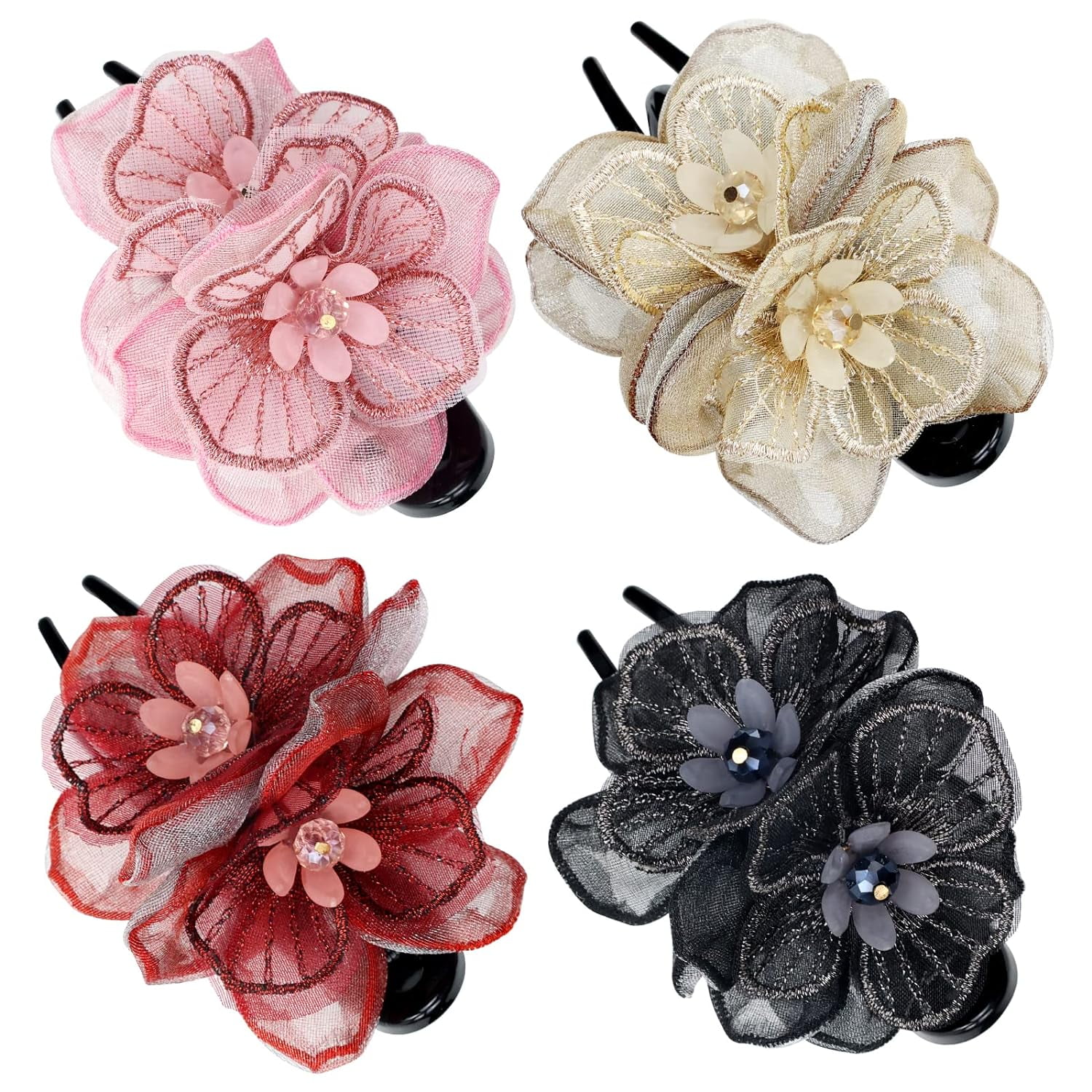 4 Pack Mesh Embroidery Flower Duckbill Plastic Hair Clips Claw ...