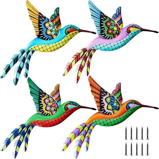 4 Pack Metal Hummingbird Wall Art Decor Iron 3D Hummingbird Outdoor ...