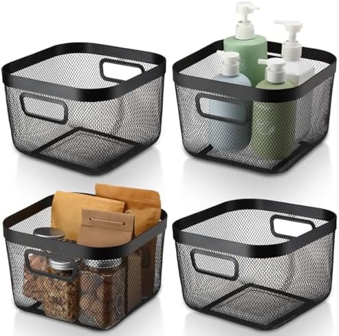 4 Pack Metal Mesh Basket with Hollow Handles White Wire Storage Bin for ...