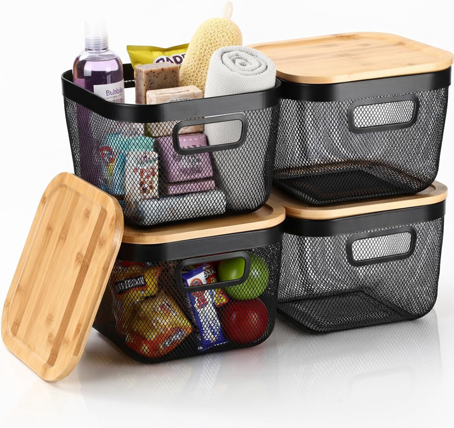 4 Pack Metal Mesh Steel Basket with Bamboo Lids 9.65 x 9.65 x 6.89 ...