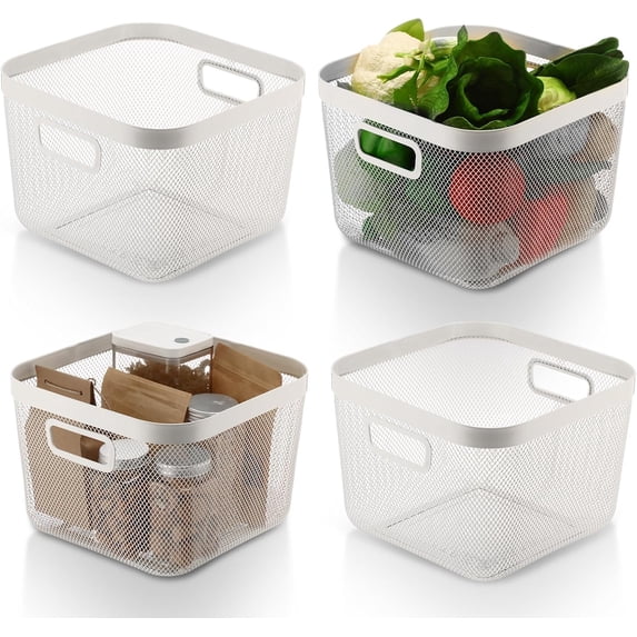 4 Pack Metal Mesh Steel Basket with Hollow Handles Square Wire Mesh ...