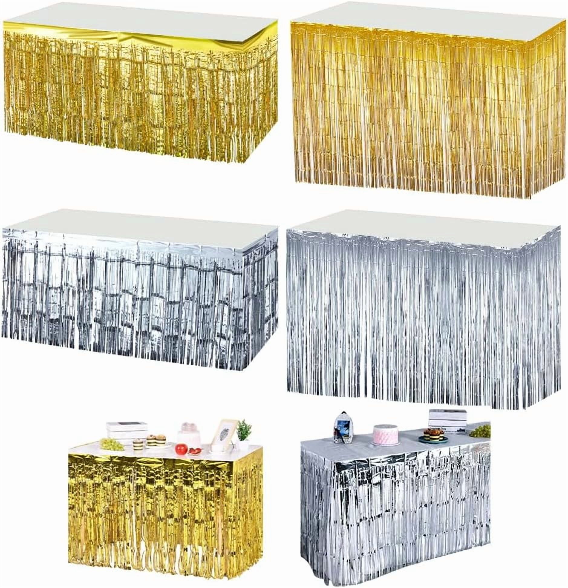4 Pack Metallic Foil Fringe Tinsel Table Skirts for Rectangle Tables 2 ...