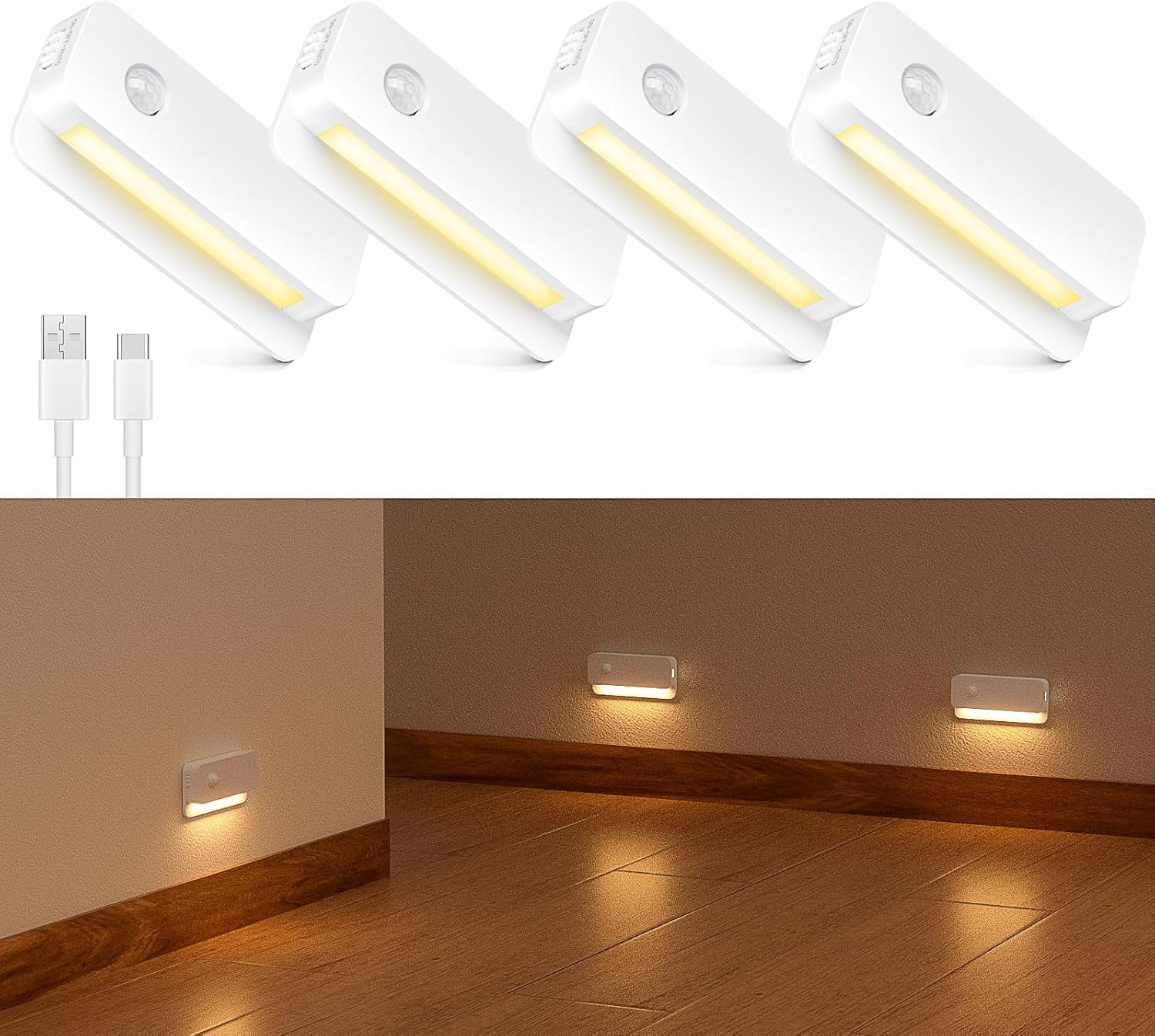 4 Pack Motion Sensor Night Light, Rechargeable Stair Lights Indoor ...