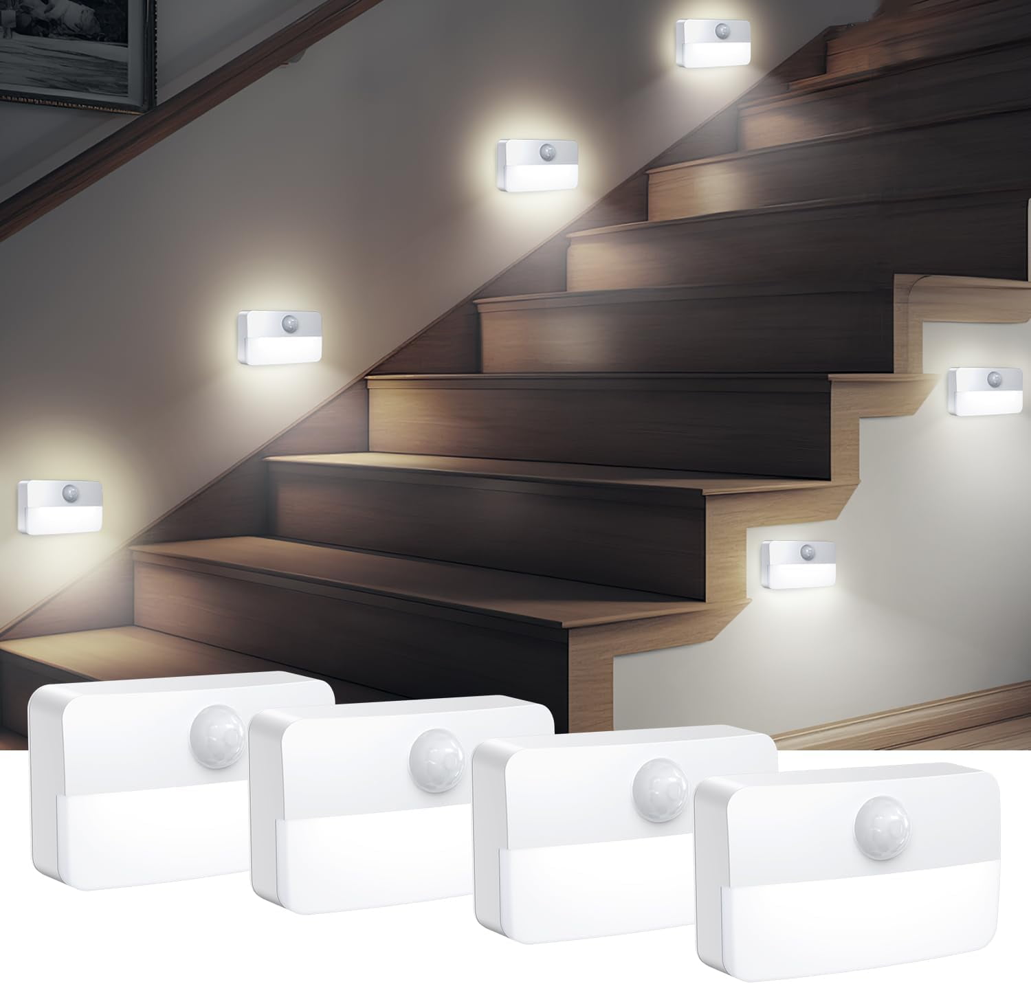 4 Pack Motion Sensor Stair Light for Indoor, Battery-Powered LED Night ...