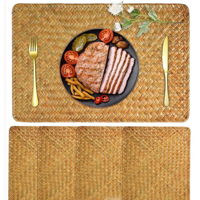 4 Pack Natural Rattan Placemats, Rectangular 17" x 12" Farmhouse Straw ...