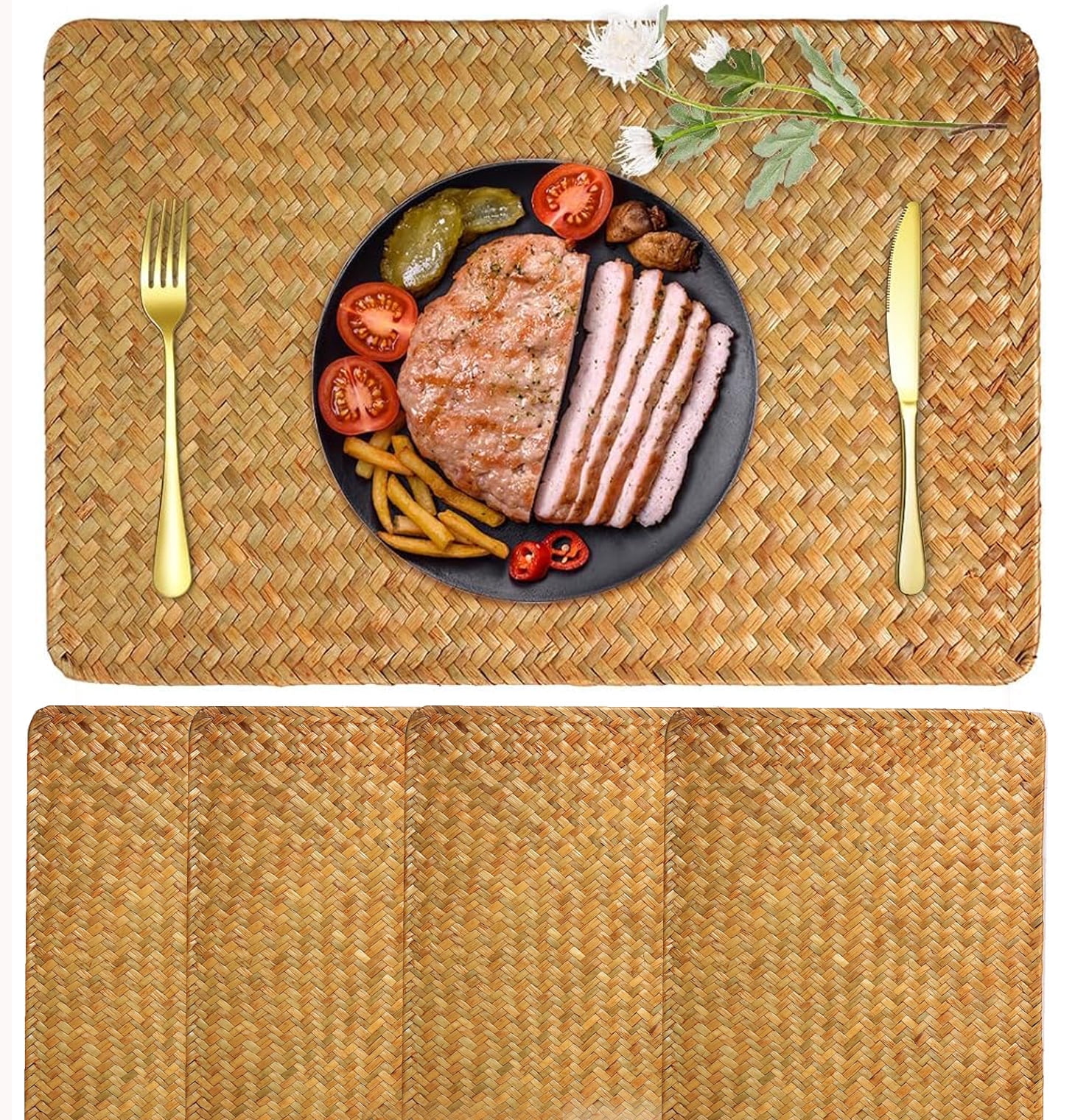 4 Pack Natural Rattan Placemats, Rectangular 17" x 12" Farmhouse Straw ...