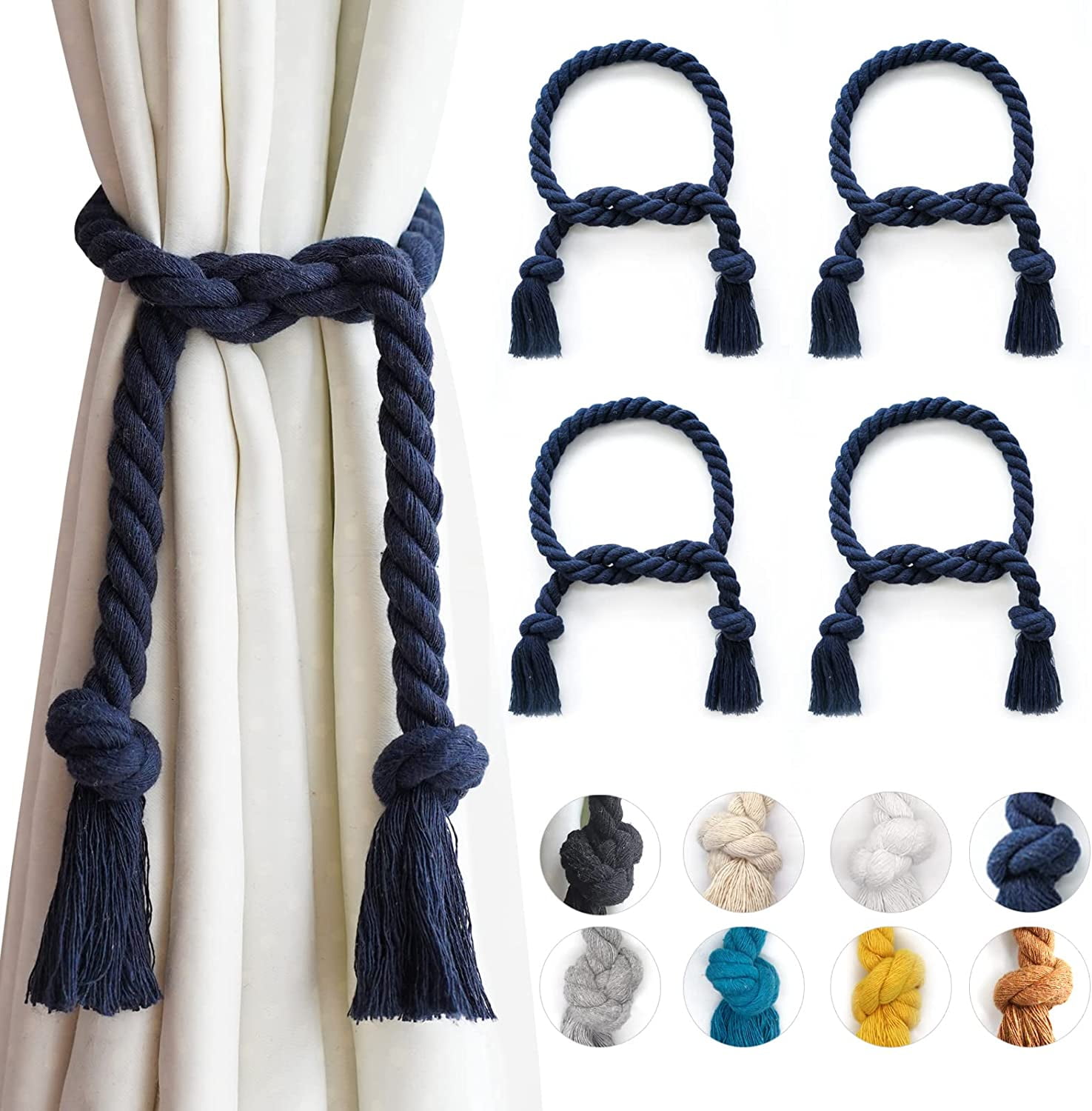 4 Pack Navy Blue Outdoor Curtain Tiebacks Rope, Natural Cotton Curtain ...
