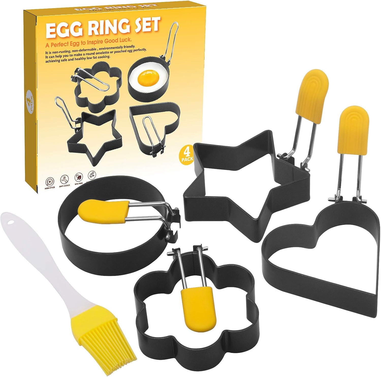 4 Pack Nonstick Stainless Steel Four Style Fried Egg Shaper Pancake ...