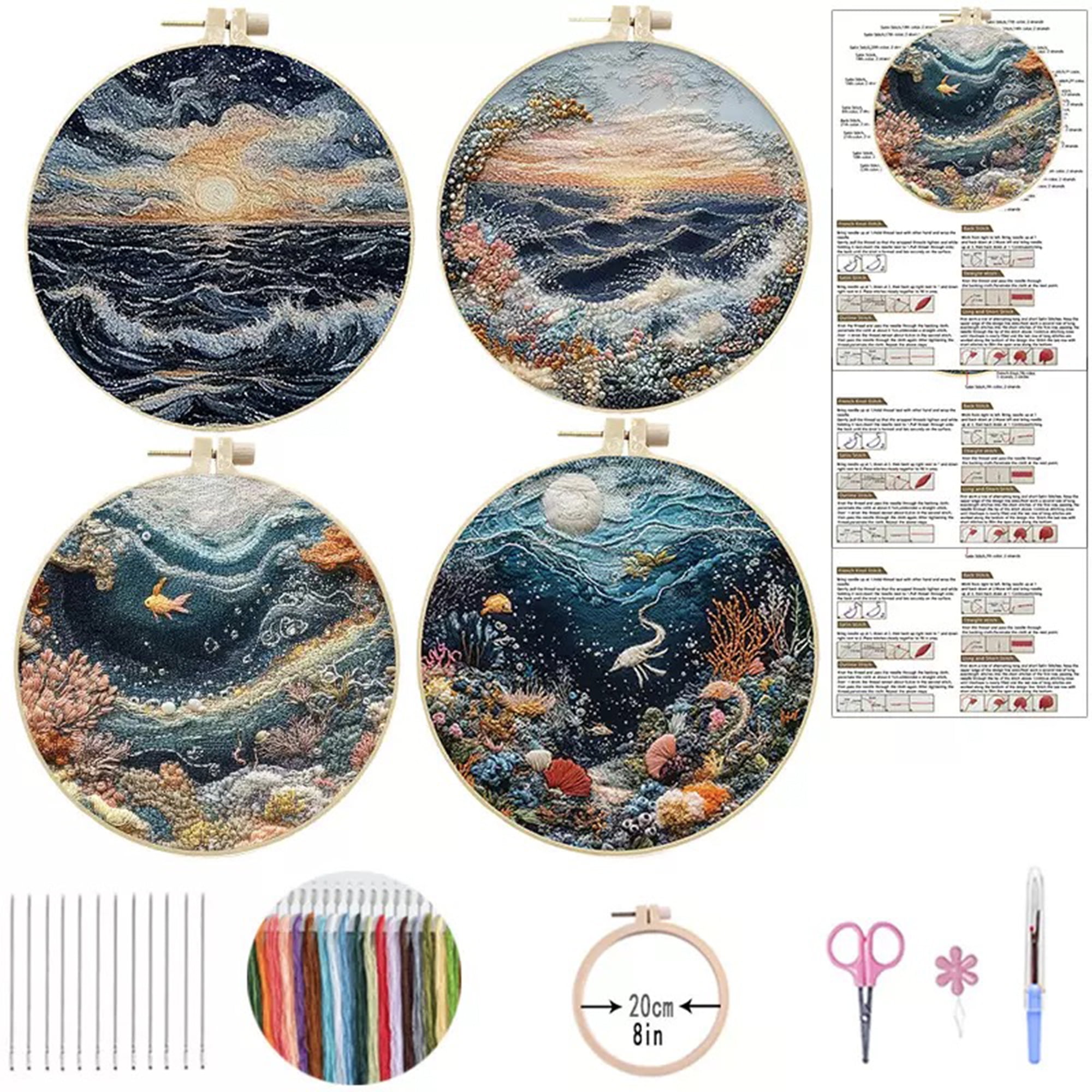4 Pack Ocean Landscape Embroidery Kits for Beginners Seascape Hand ...