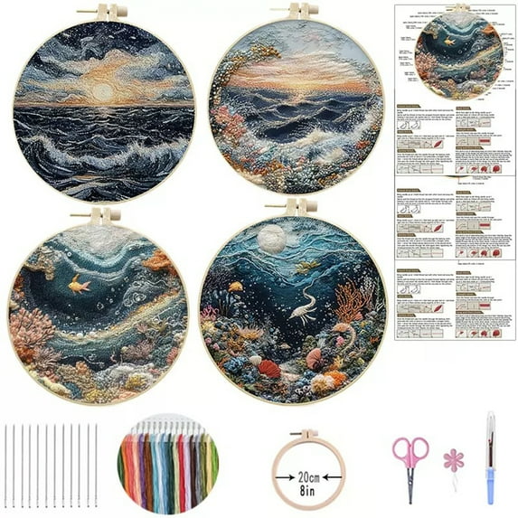 4 Pack Ocean Landscape Embroidery Kits for Beginners Seascape Hand ...