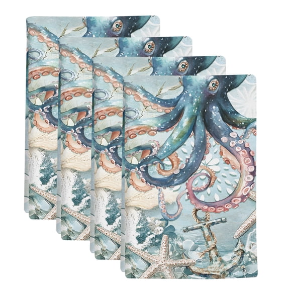 4 Pack Ocean Octopus Kitchen Towels Starfish Coral Flower Blue Theme ...