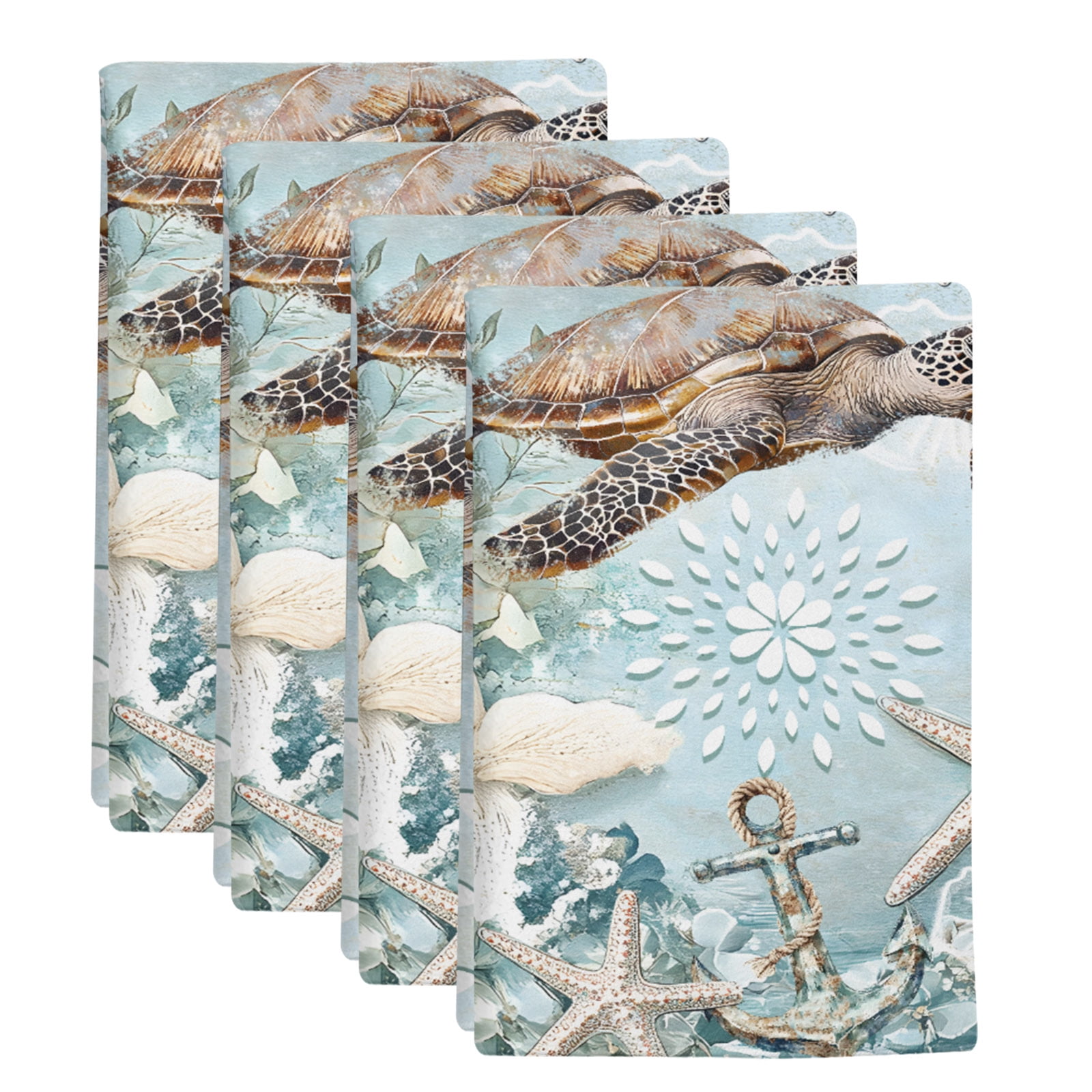 4 Pack Ocean Turtle Kitchen Towels Retro Marine Life Starfish Coral ...