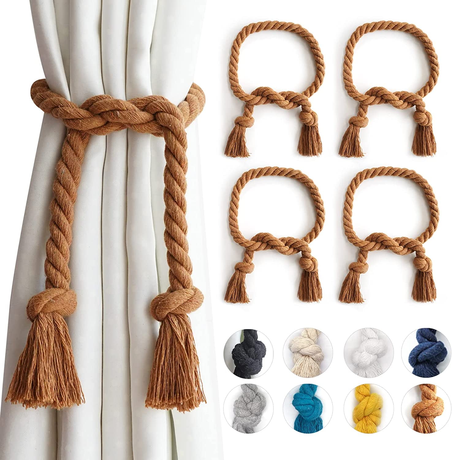 4 Pack Outdoor Curtain Tiebacks Rope, Natural Cotton Curtain Holders ...