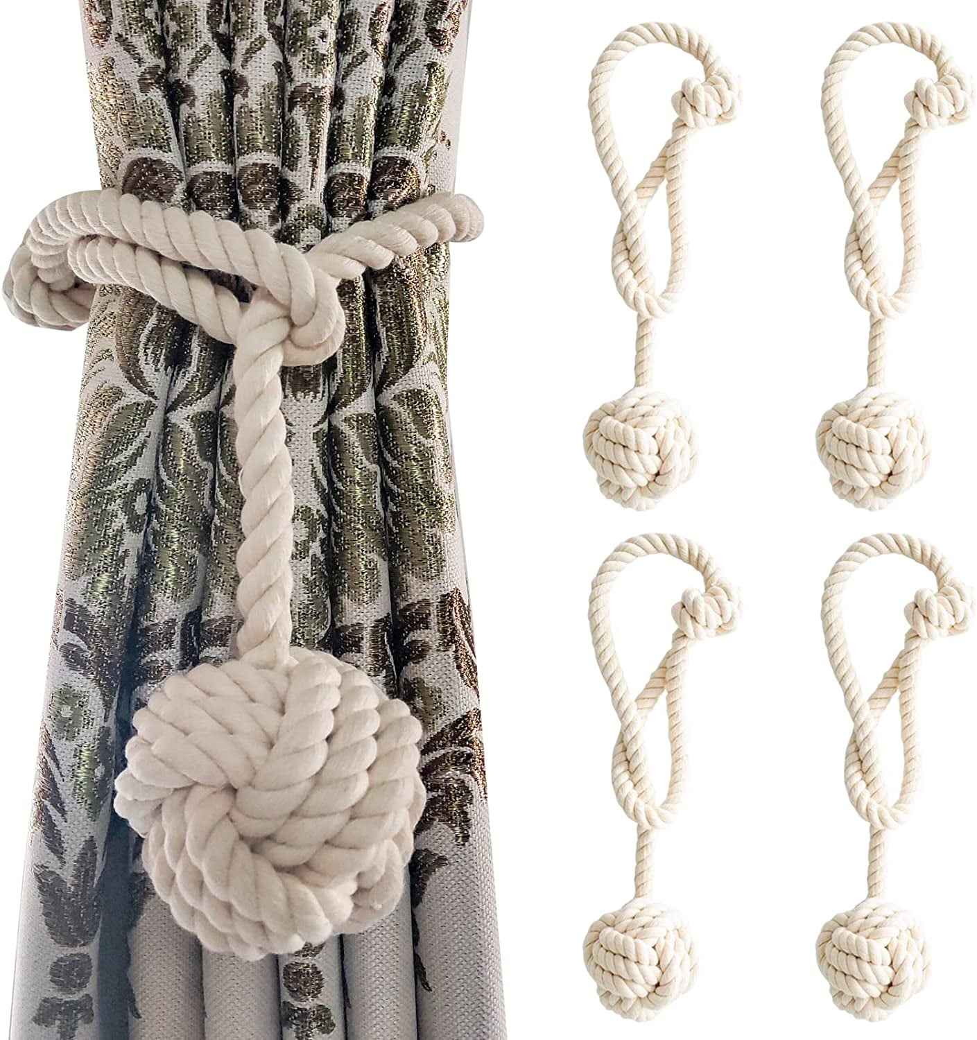 4 Pack Outdoor Curtain Tiebacks Rope, Natural Cotton Curtain Rope ...